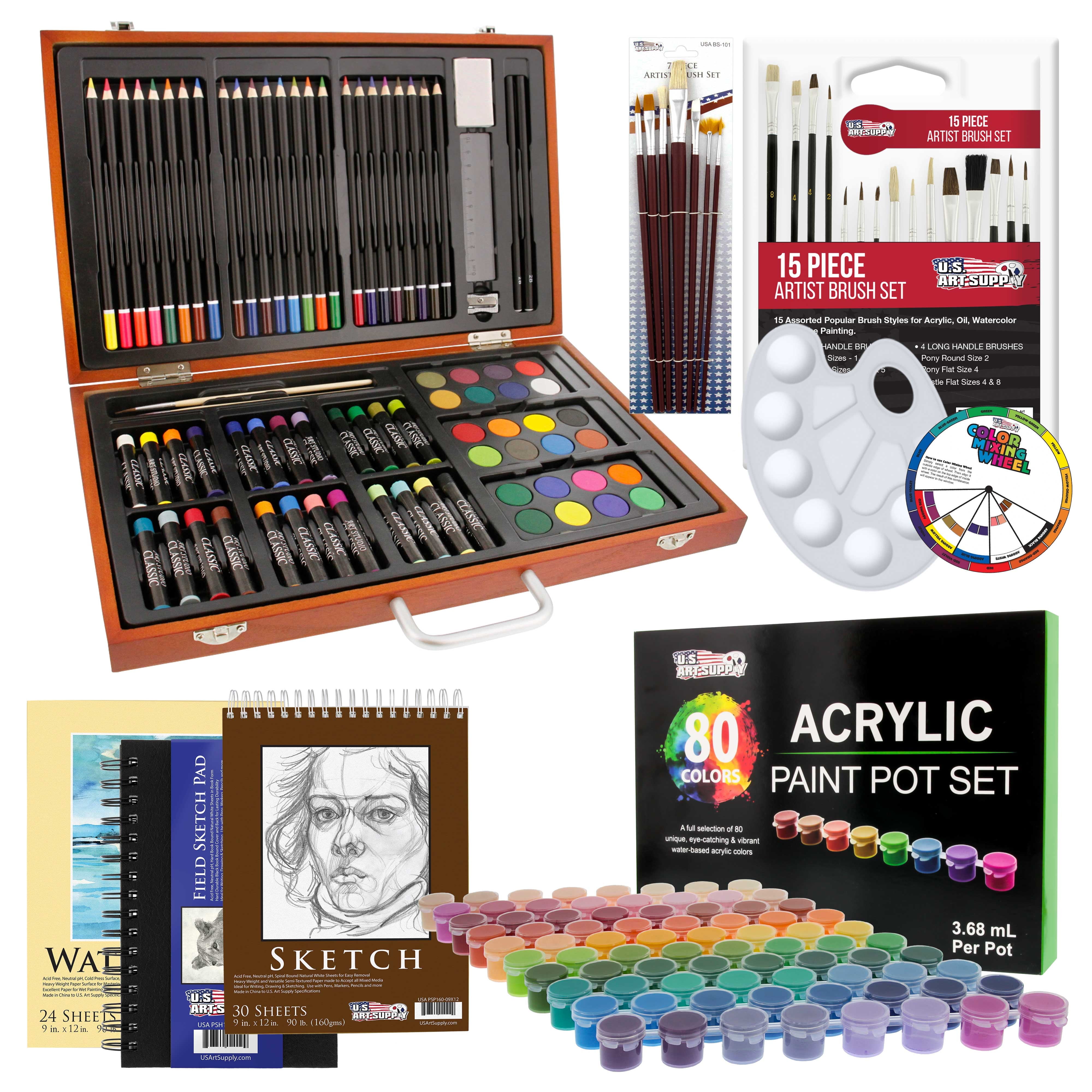 U.S. Art Supply 102-Piece Set, Wooden Case, 80 Piece Acrylic Paint Set ...
