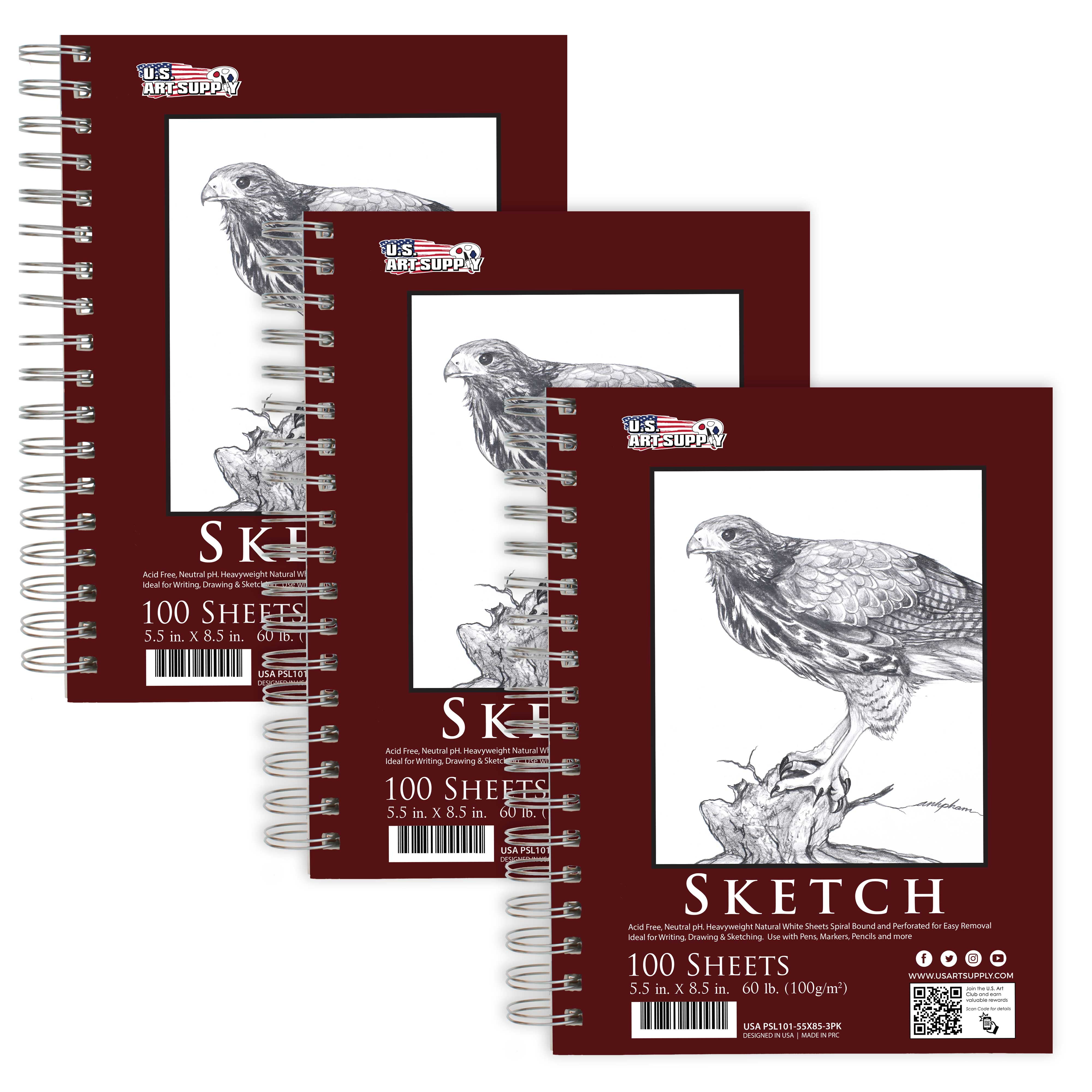 "U.S. Art Supply 5.5""x8.5"" Spiral Sketch Pad (Pack of 3) - 60lb, 100 ...