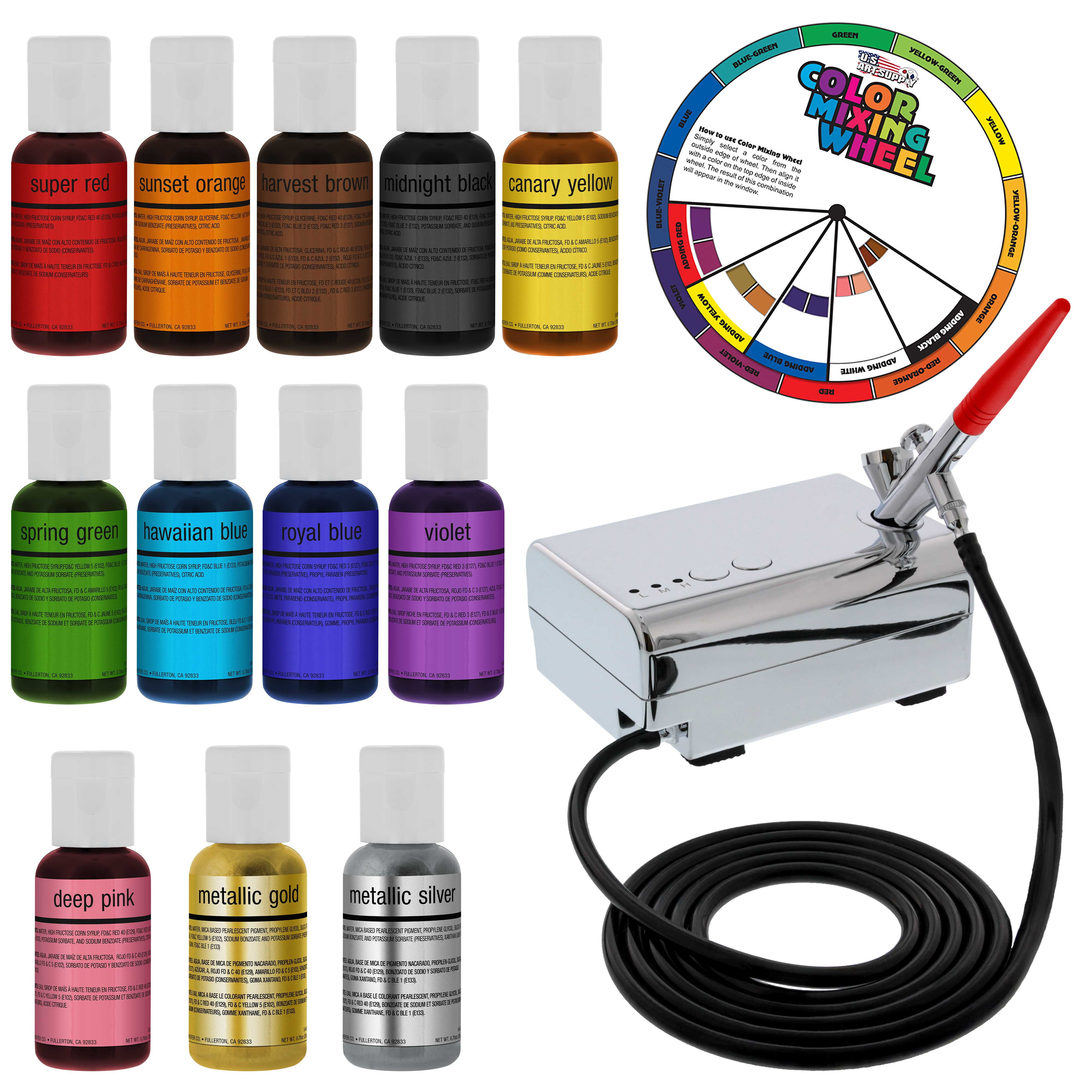 U.S. Cake Supply Professional Cake Decorating Airbrush Kit with 12 ...