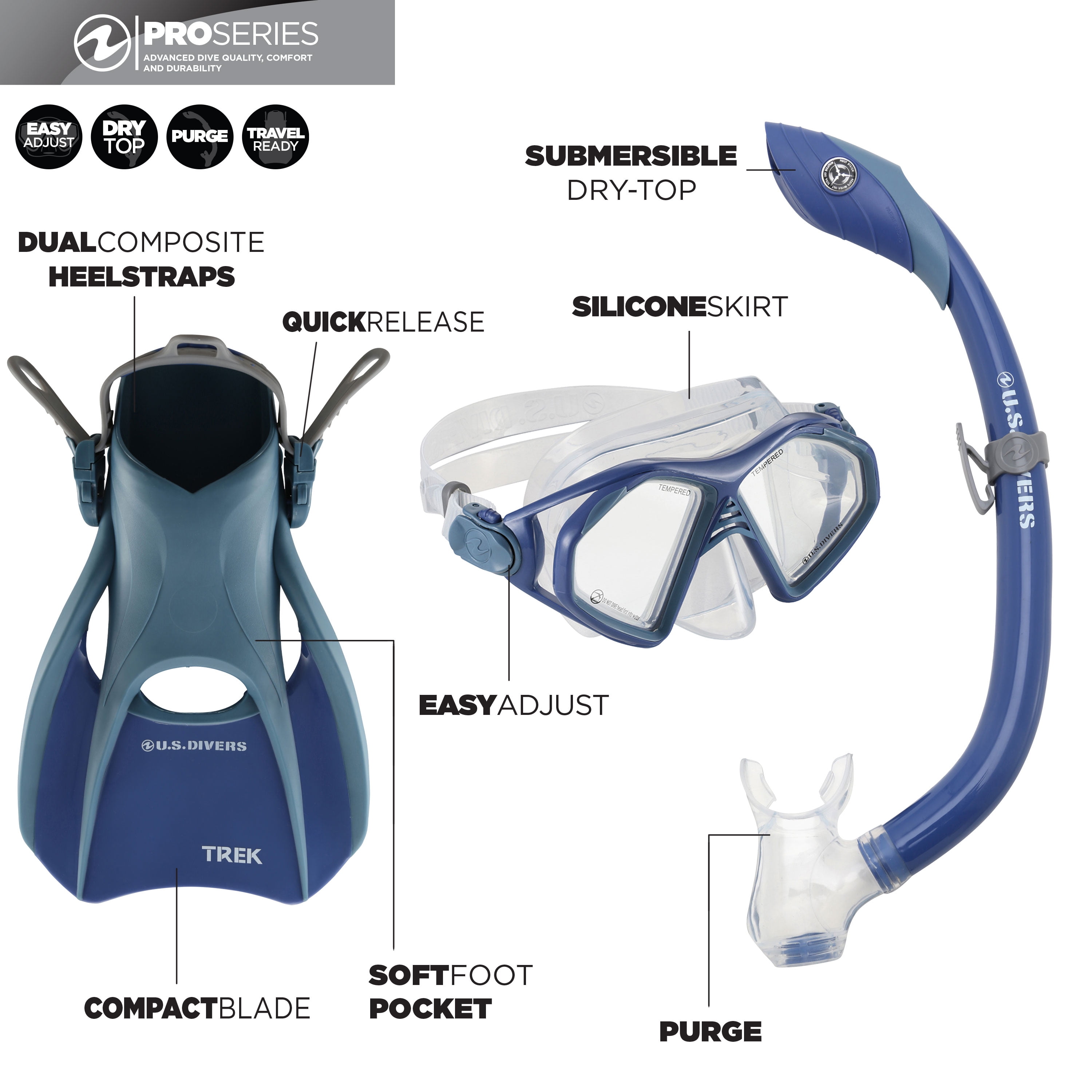 U.S. Divers Matrix Snorkeling Diving Kit, 2-Window Mask, Dry-Top ...