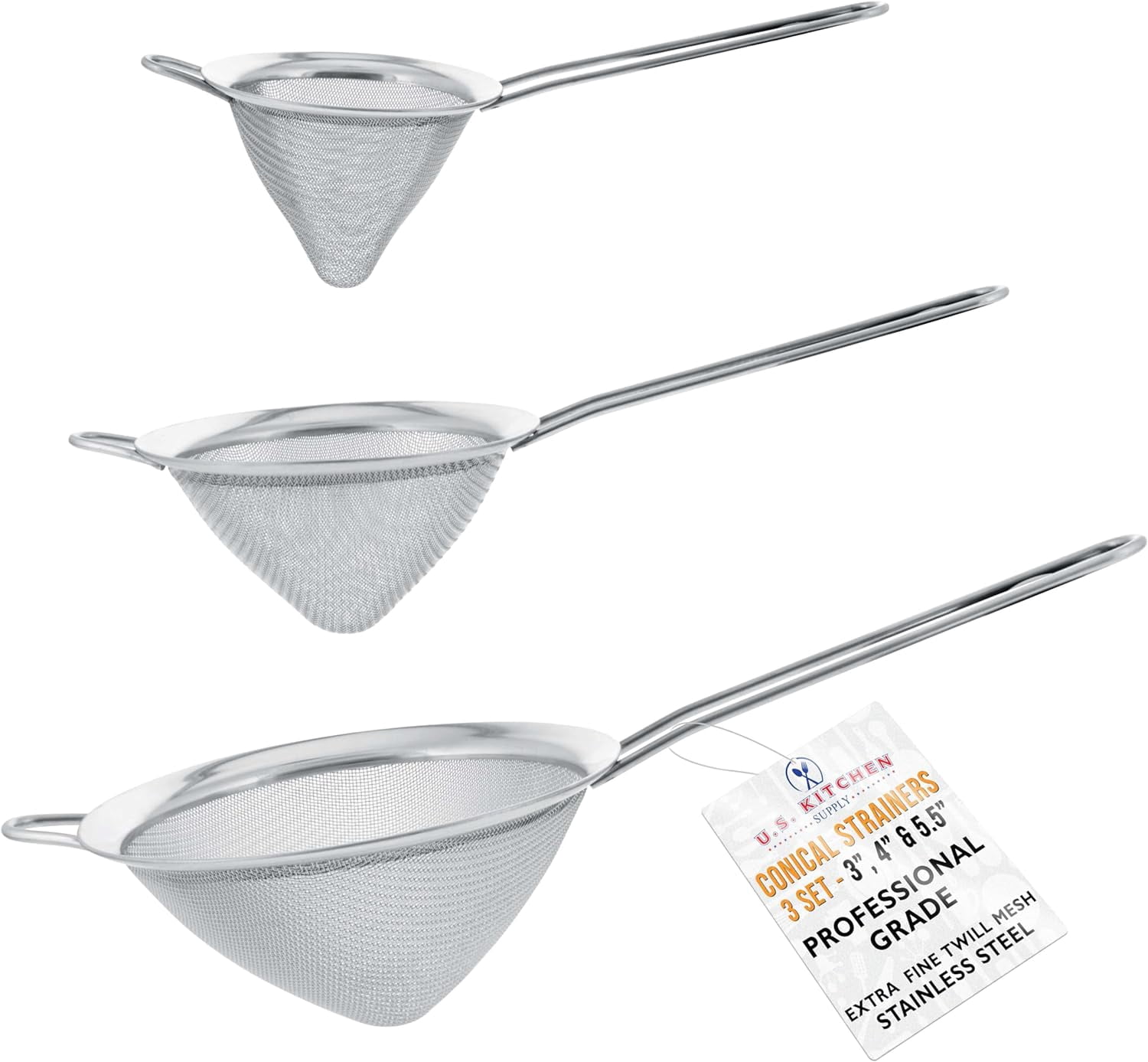 U.S. Kitchen Supply Set of 3 Stainless Steel Conical Strainers - 3", 4 ...