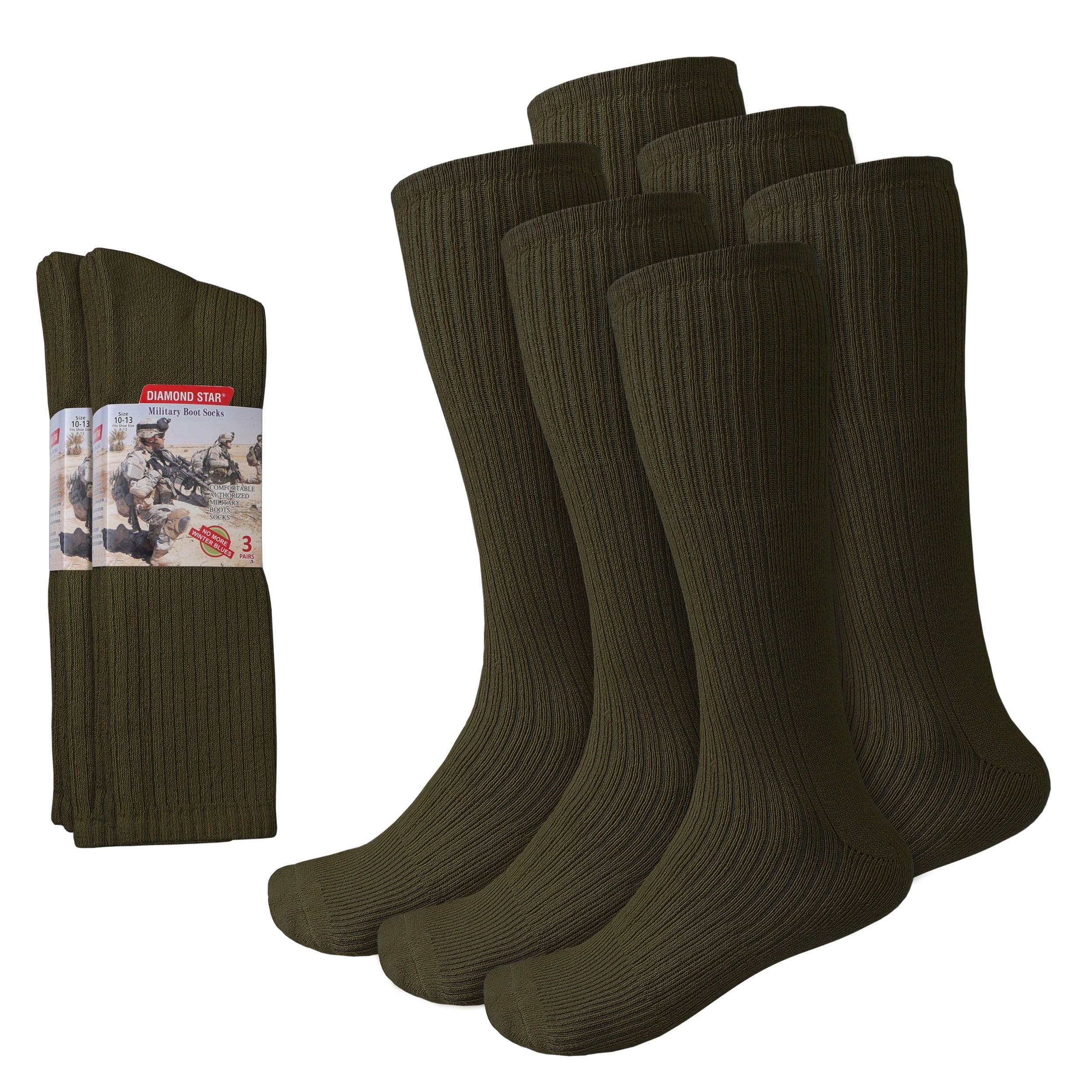 Diamond Star Men's Military Boot Socks, Green 6 Pairs, Size 10-13 ...