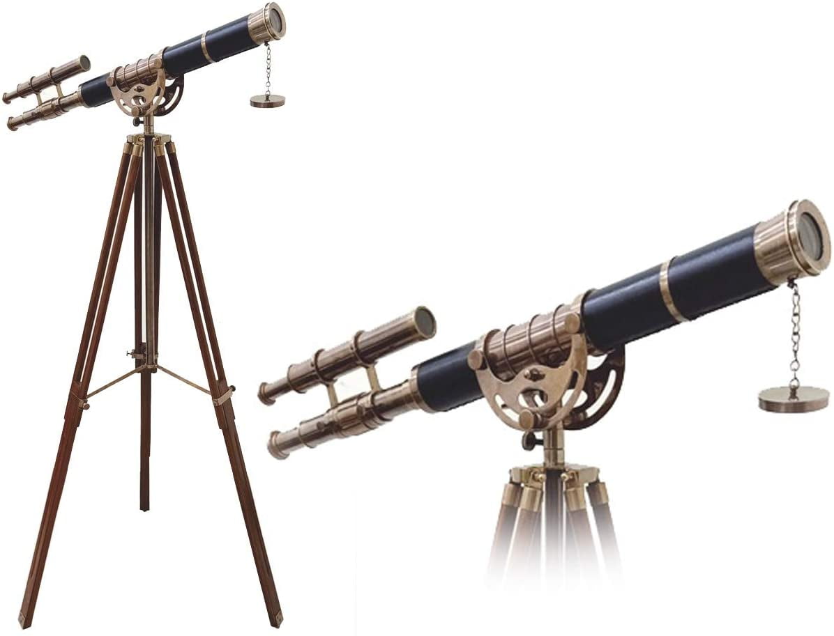 U.S NAVY VINTAGE BRASS TELESCOPE BLACK LEATHER WITH WOODEN TRIPOD FLOOR ...