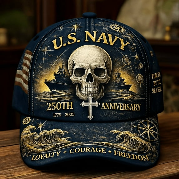 U.S. Navy 250th Anniversary 1775-2025 Skull and Cross Warship Ocean ...
