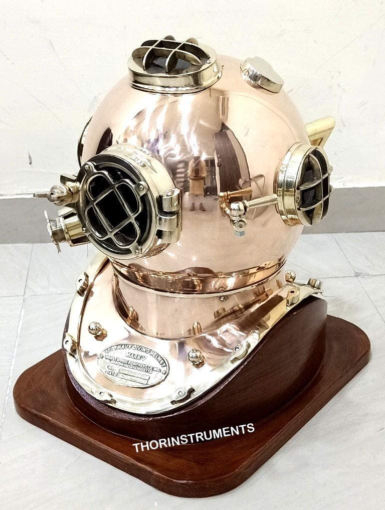 U.S. Navy Mark V Copper & Brass Diving Helmet Replica with Wooden Base ...