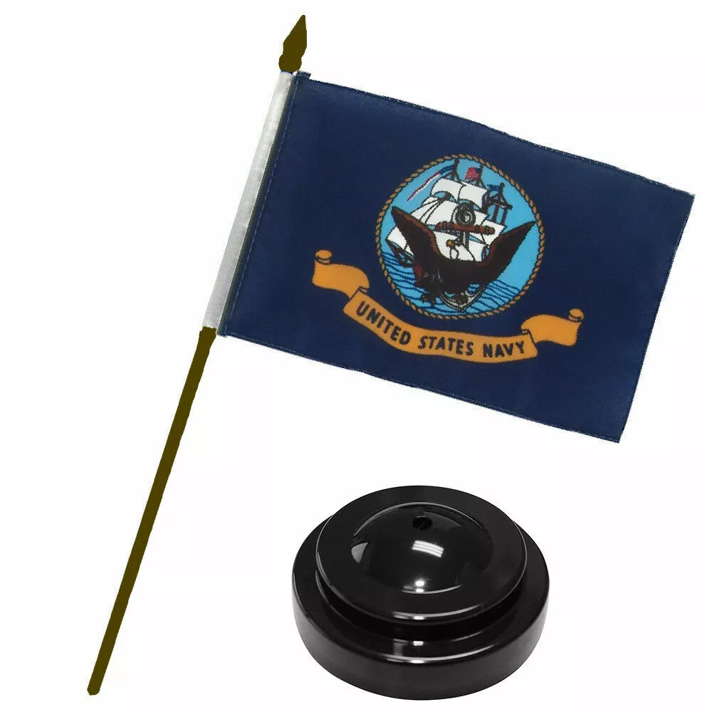 U.S. Navy Ship Emblem Flag 4"x6" Desk Set Table Stick Black Base Gold ...