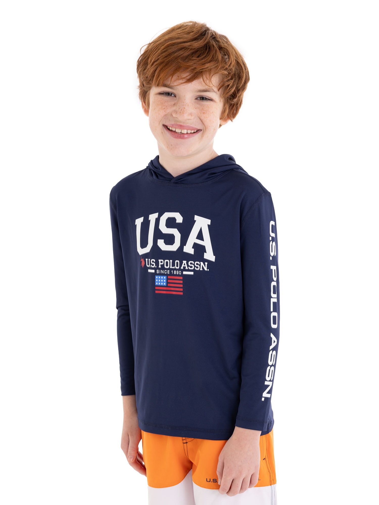 U.S. Polo Assn. Boys Long Sleeve Hooded Flag Graphic Rash Guard, Sizes ...