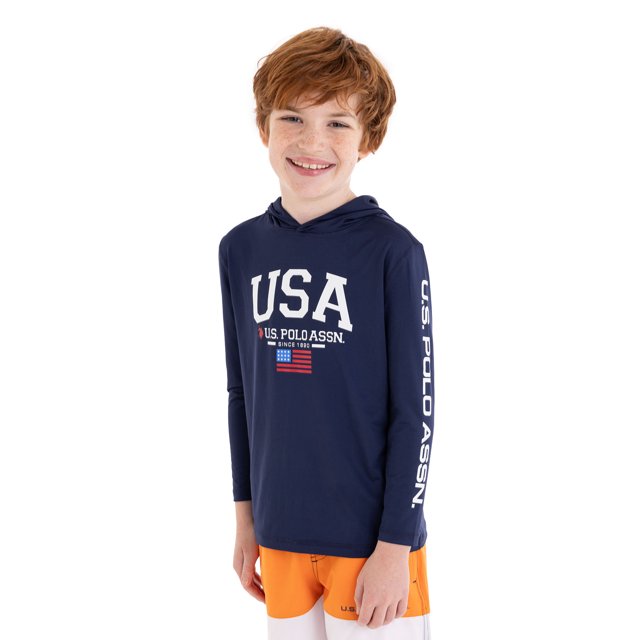 U.S. Polo Assn. Boys Long Sleeve Hooded Flag Graphic Rash Guard, Sizes ...