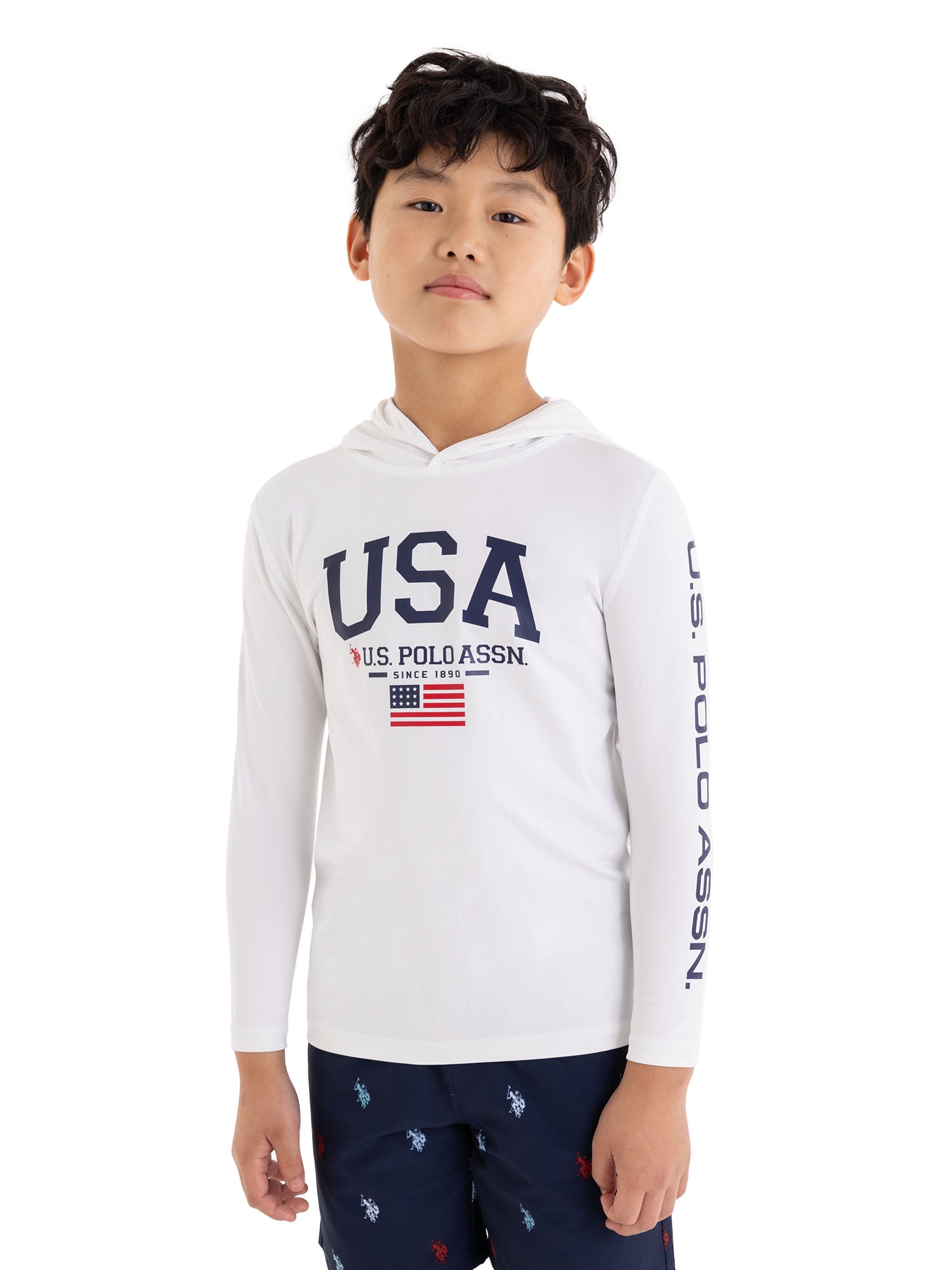 U.S. Polo Assn. Boys Long Sleeve Hooded Flag Graphic Rash Guard, Sizes ...
