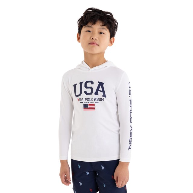 U.S. Polo Assn. Boys Long Sleeve Hooded Flag Graphic Rash Guard, Sizes ...