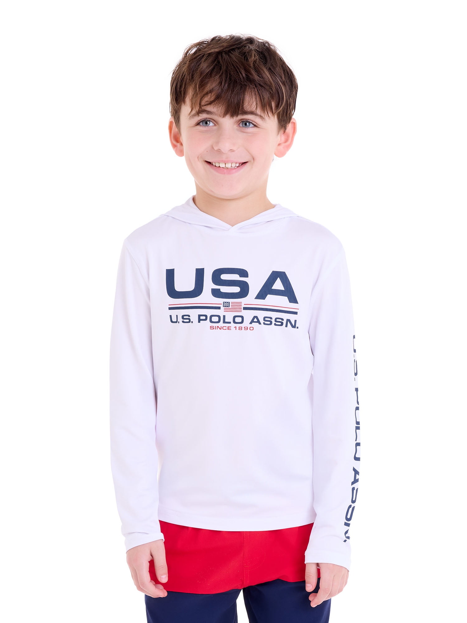 U.S Polo Assn. Boys Long Sleeve Hooded Flag Graphic Rashguard, Sizes 4 ...