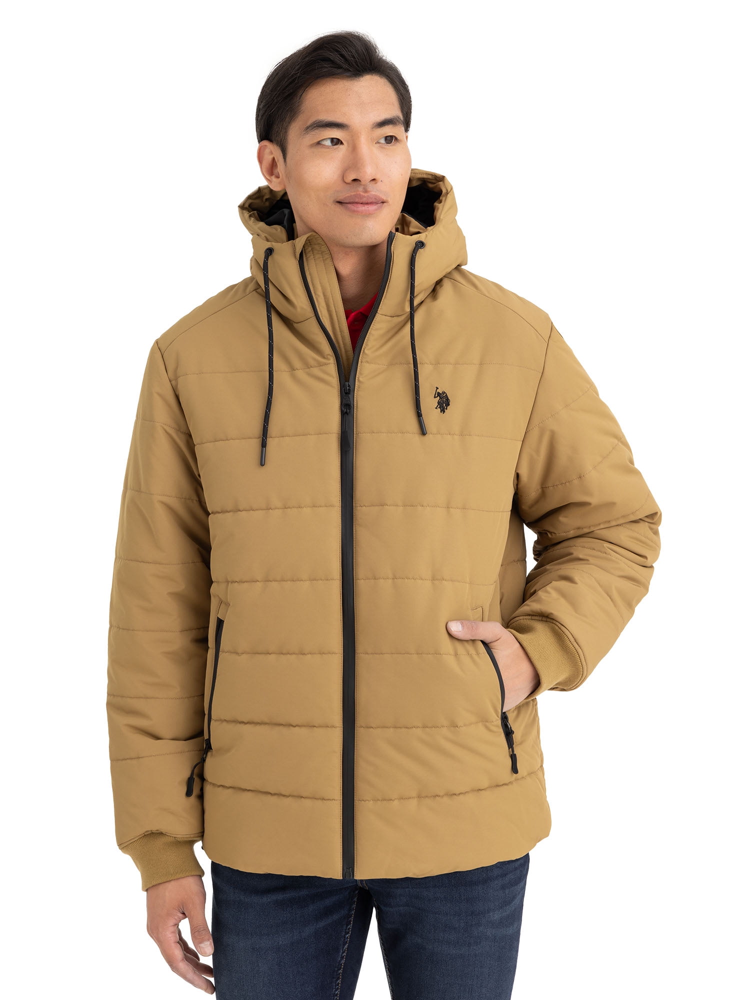 U.S. Polo Assn. Men's Hooded Puffer Jacket Adjustable Polyester Outdoor ...