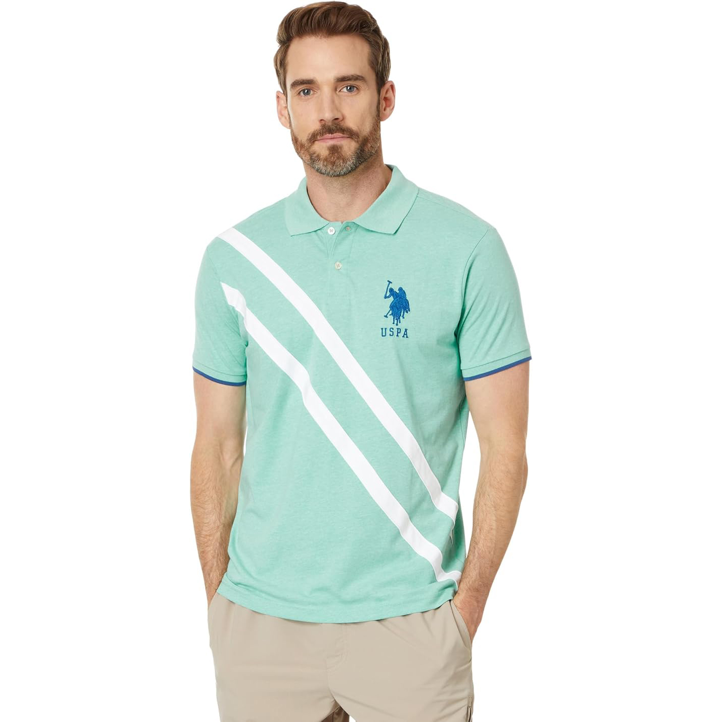 U.S. Polo Assn. Men's Slim Fit Colorblock Sash Striped Polo Shirt, Jade ...