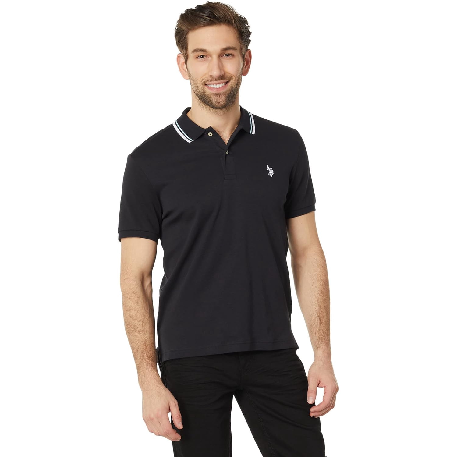 U.S. Polo Assn. Men's Slim Fit Solid Tipped Interlock Polo Shirt, Black ...