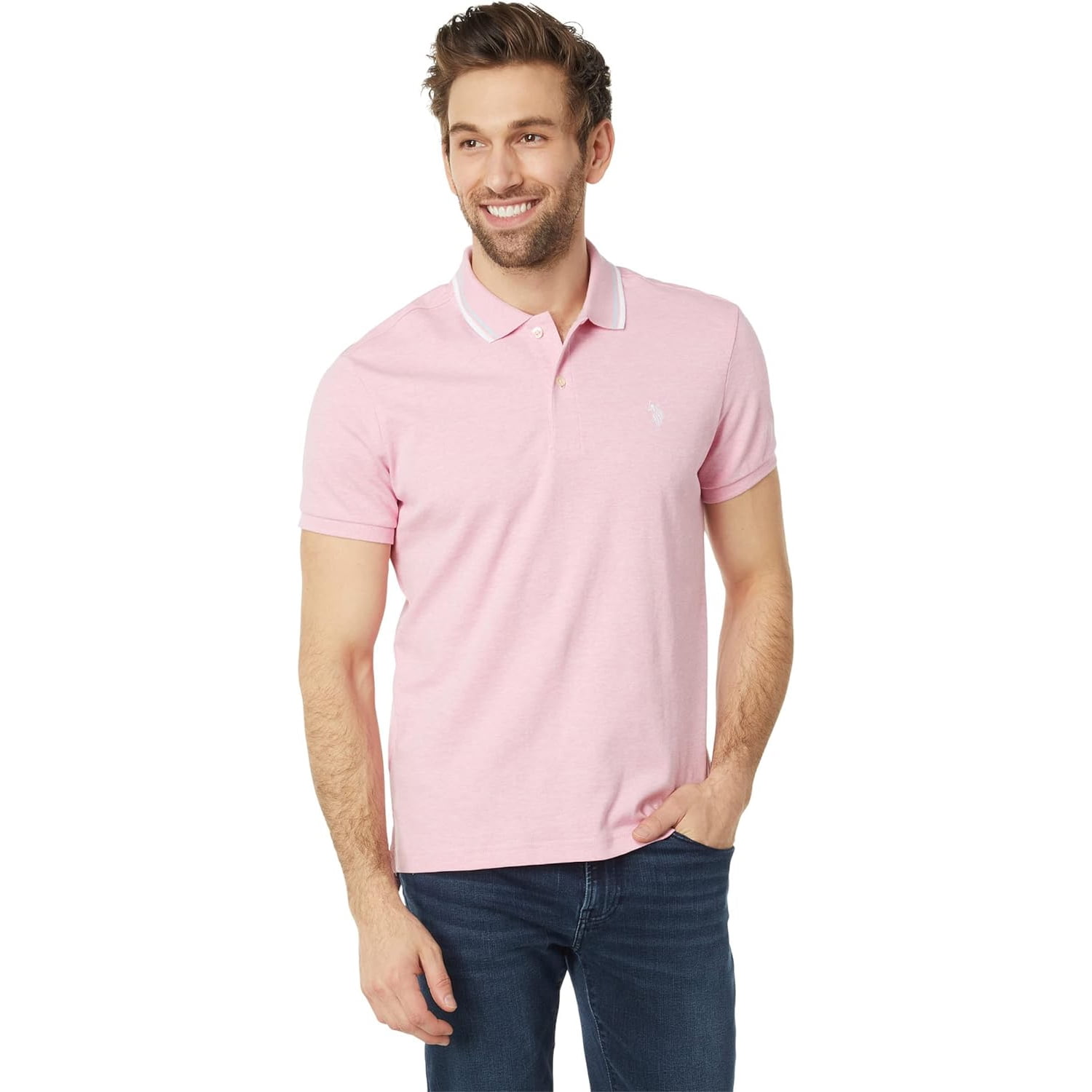 U.S. Polo Assn. Men's Slim Fit Solid Tipped Interlock Polo Shirt, Pink ...