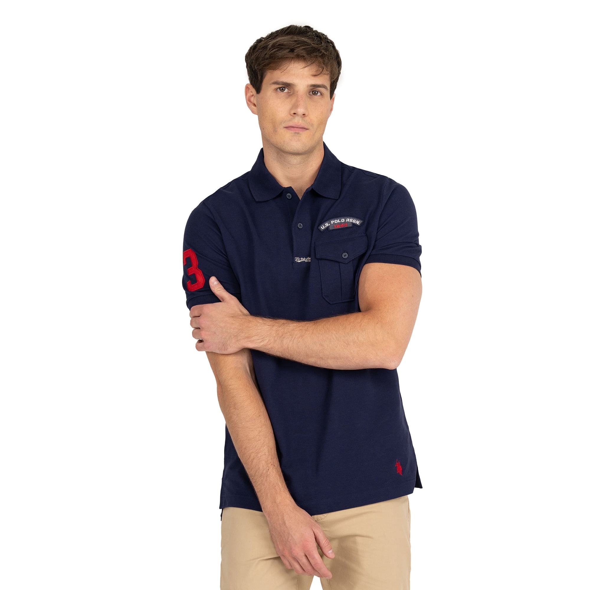 U.S. Polo Assn. Men's Slim Fit Stretch Pique Polo with Chest Pocket, Classic Navy, Large ...