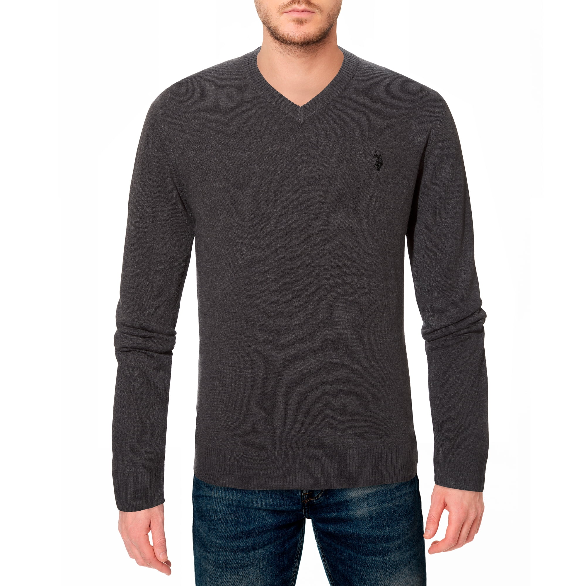 U.S. Polo Assn. mens Solid V-Neck Long-Sleeve Sweater (Iron Heather, XL ...