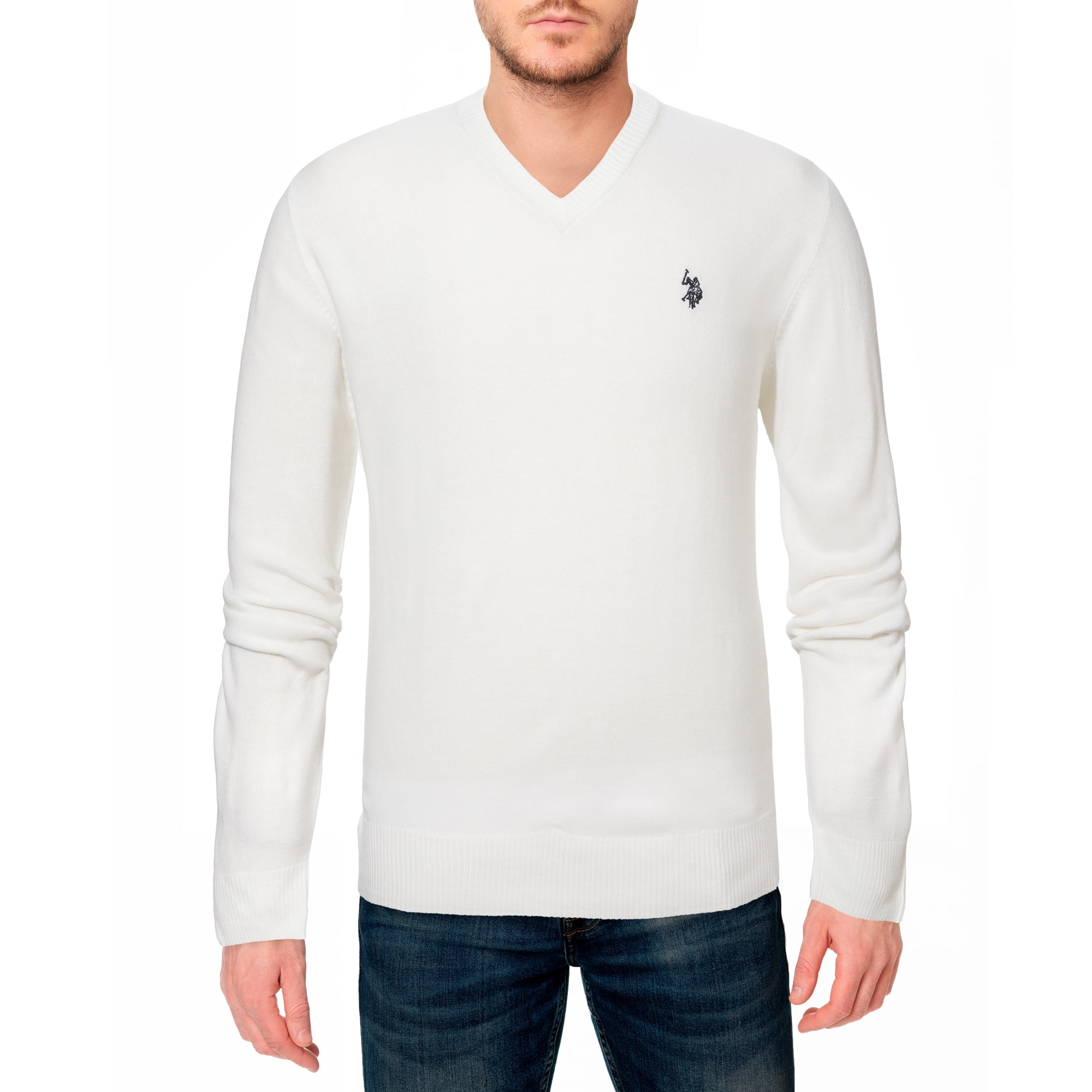 U.S. Polo Assn. mens Solid V-Neck Long-Sleeve Sweater (Winter White, XL ...