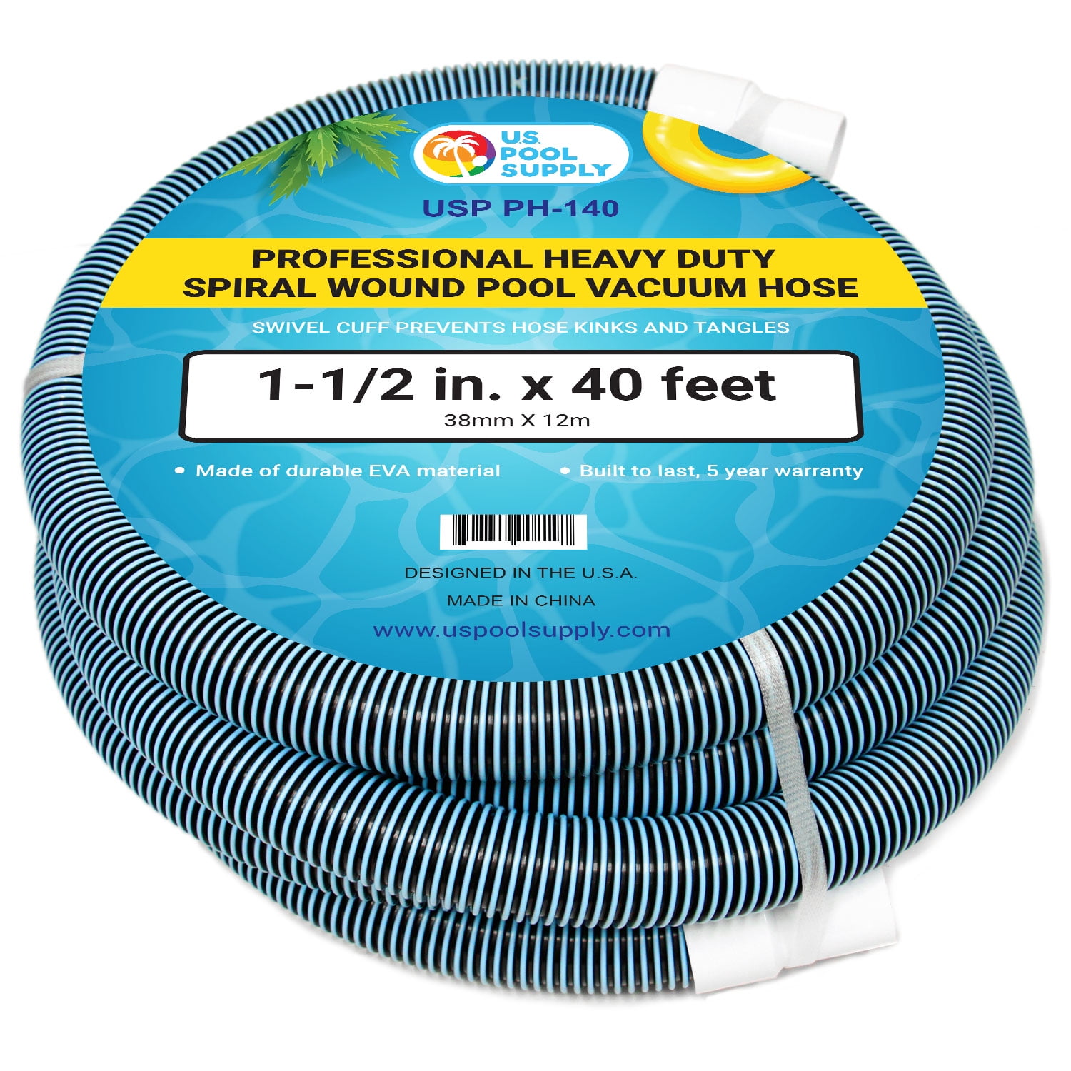 U.S. Pool Supply, Pool Hose, 1-1/2" x 40 ft, Heavy Duty Spiral Wound ...