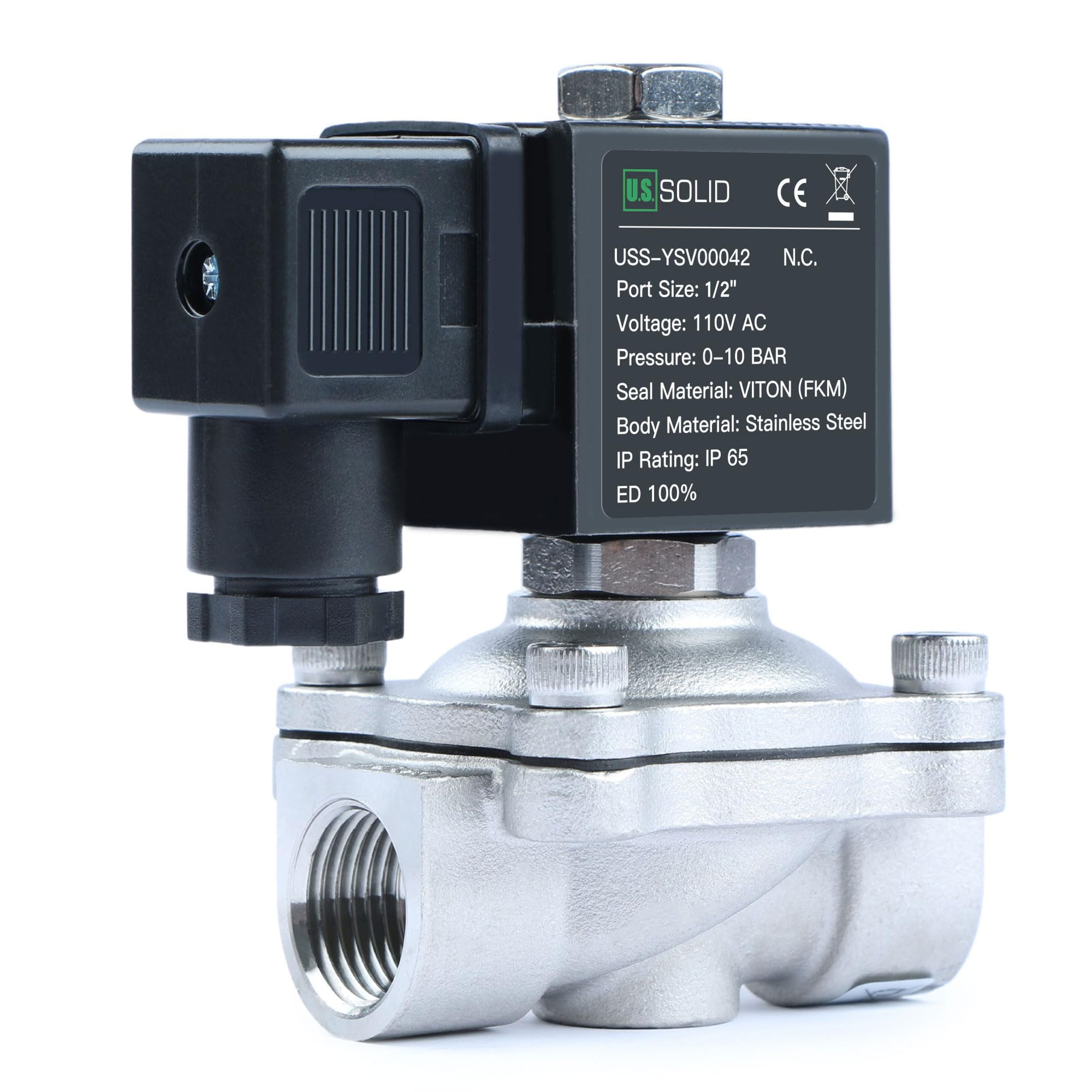 U.S. Solid 1/2" Stainless Steel Solenoid Valve - 110V AC, Normally Closed, 10 Bar Electric Valve ...