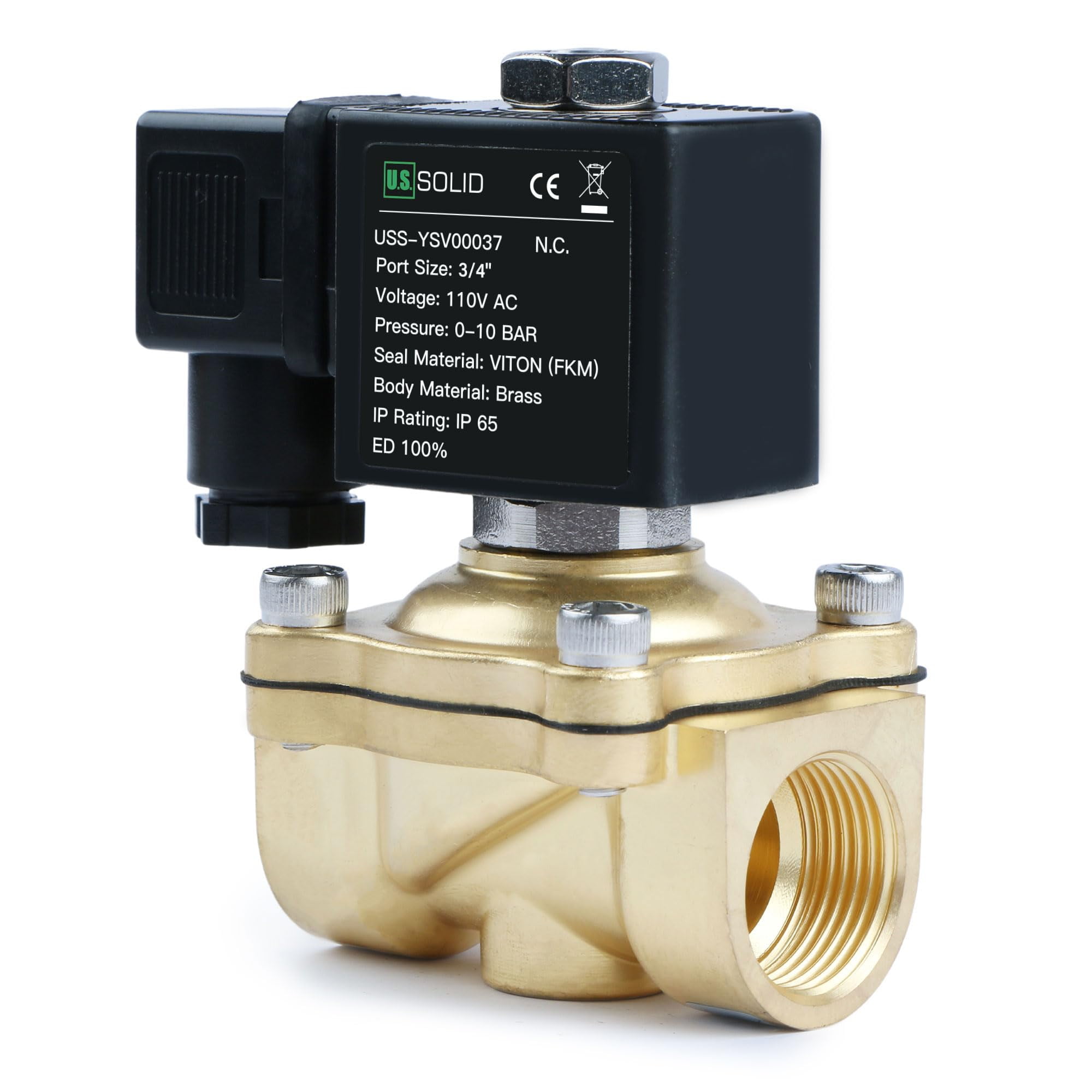 U.S. Solid 3/4" Brass Solenoid Valve - 110V AC, Normally Closed, 10 Bar Electric Valve for Water ...