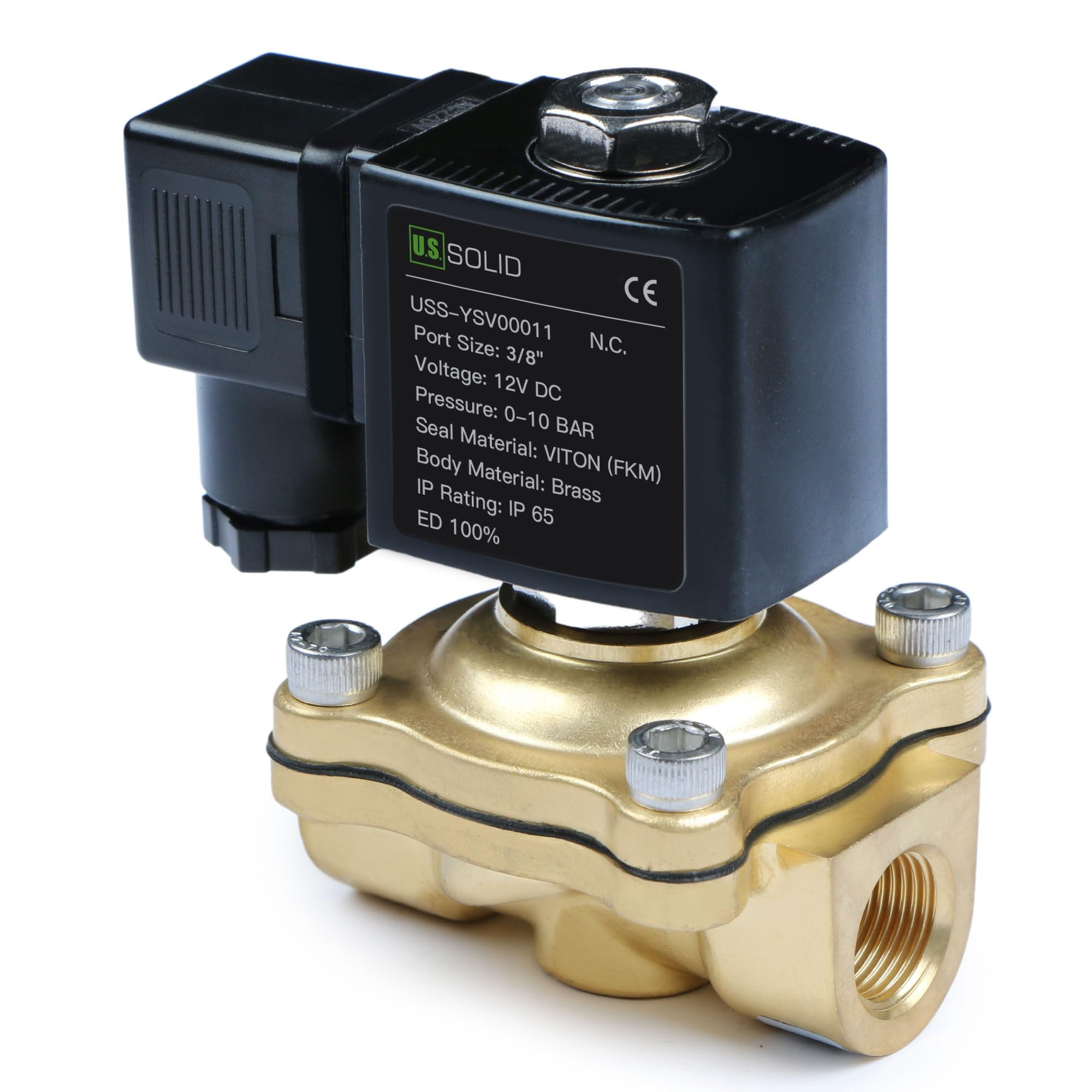 U.S. Solid 3/8" Brass Solenoid Valve - 12V DC, Normally Closed, 10 Bar Electric Valve for Water ...