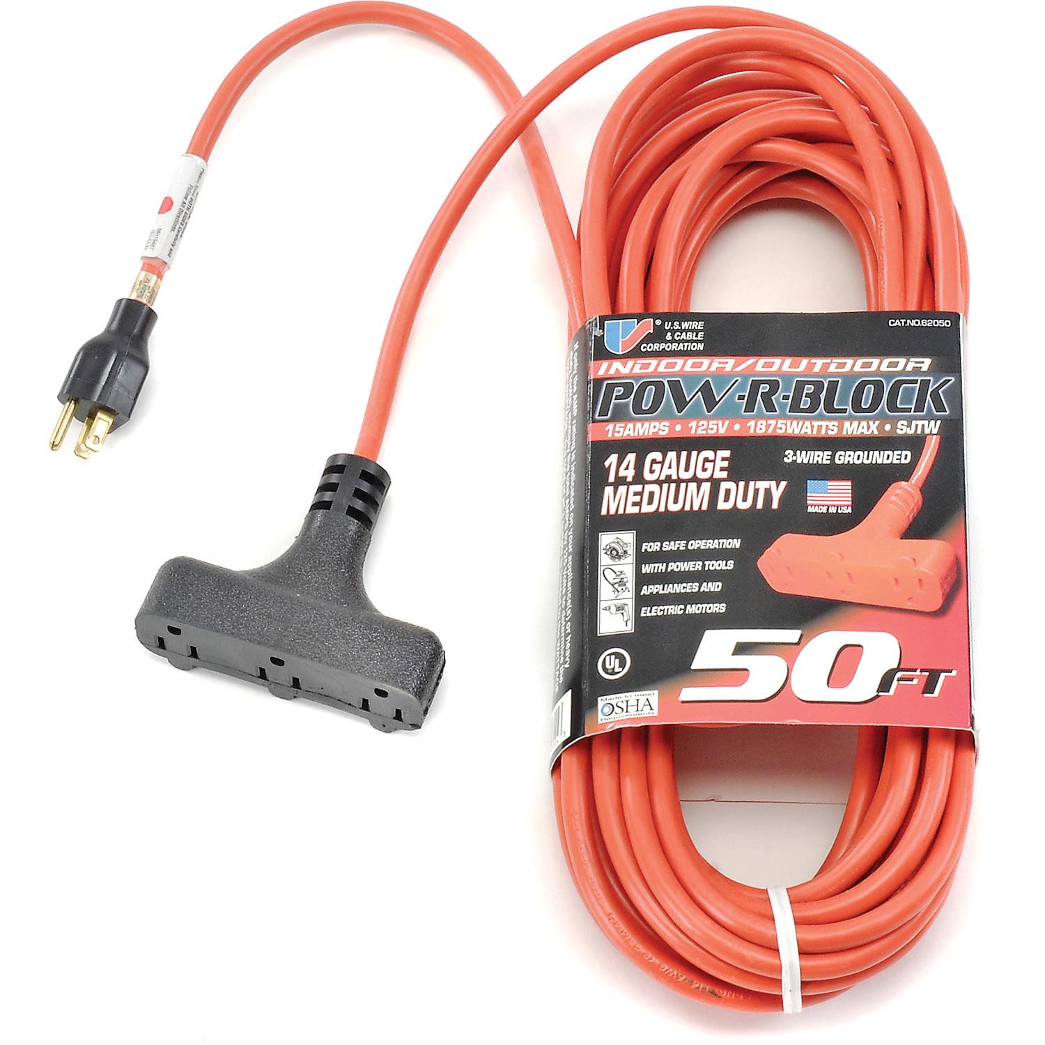 U.S. Wire 62050 50 Ft. Three Conductor Orange Cord W/Pow-R Block 14/3 ...