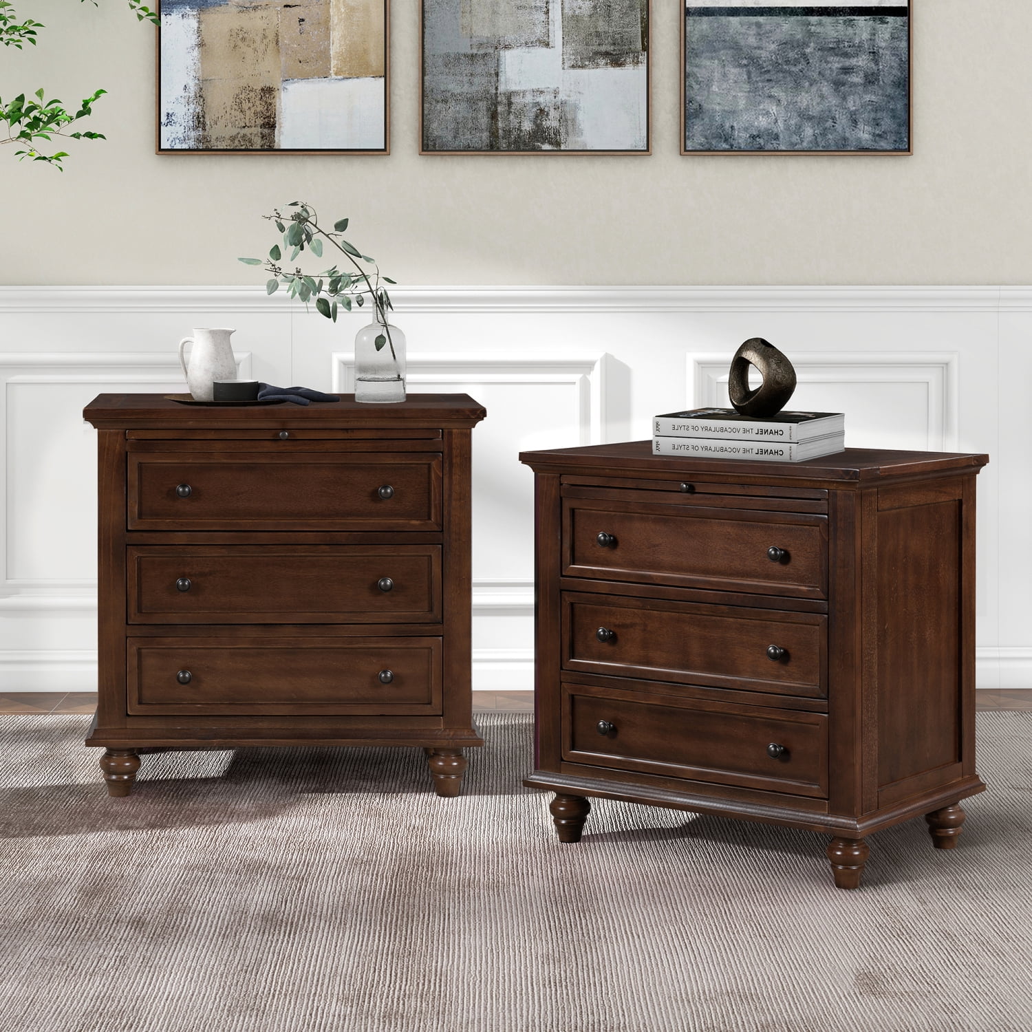 U_STYLE 3-Drawer Storage Wood Cabinet End Table Set of Two with Pull ...