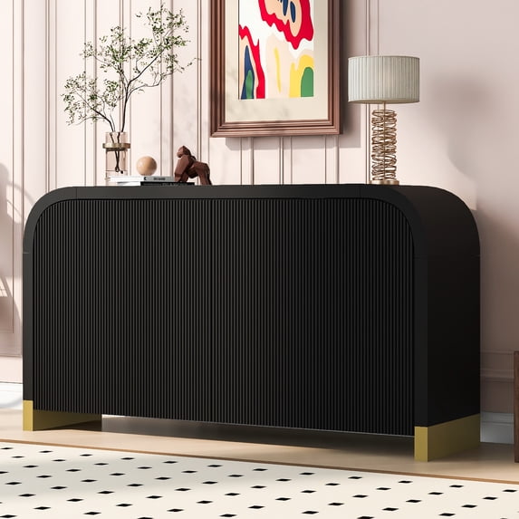 U_STYLE 4-Door Wavy Design Cabinet with Adjustable Shelves, Modern ...