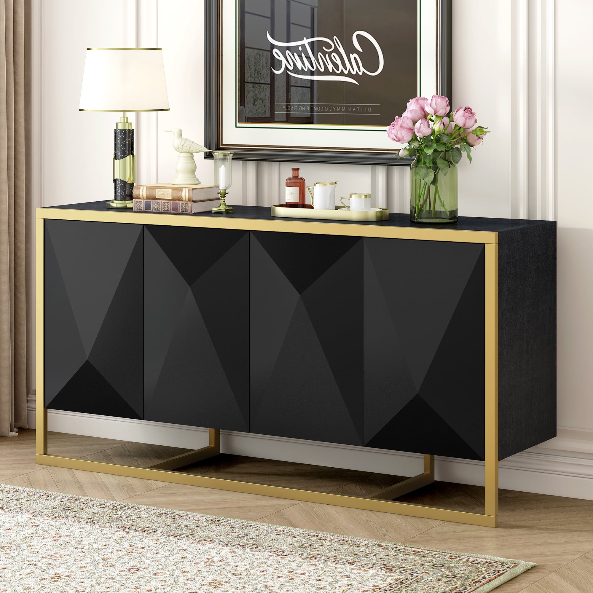 U_STYLE Mahogany Veneer Modern Sideboard with Unique Metal Legs ...