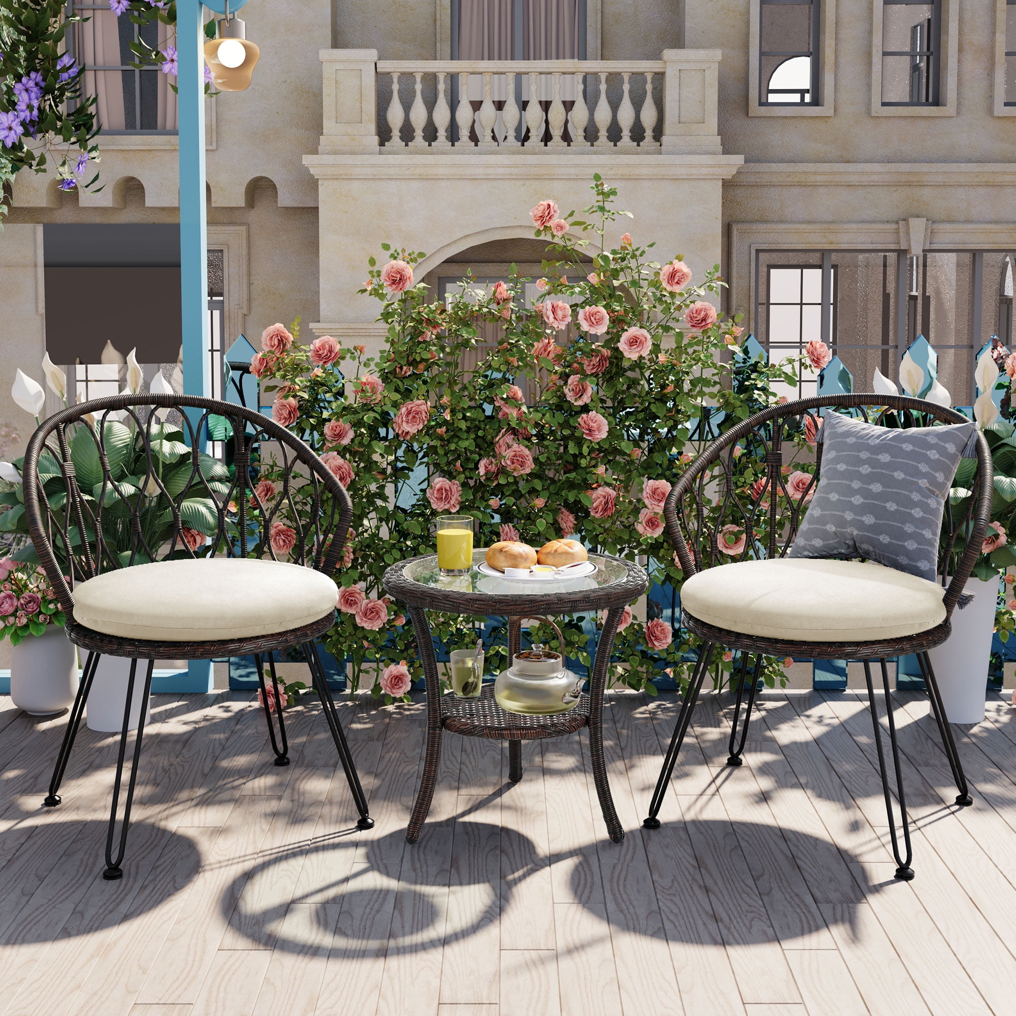 U_STYLE Outdoor Leisure Set, 2 Rattan Single Chairs with A Glass Round ...