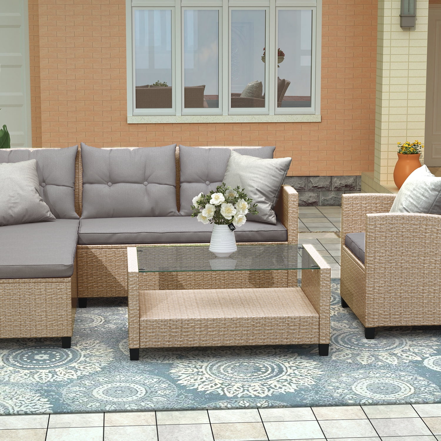 U_STYLE Outdoor Patio Furniture Sets 4 Piece Conversation Set Wicker ...