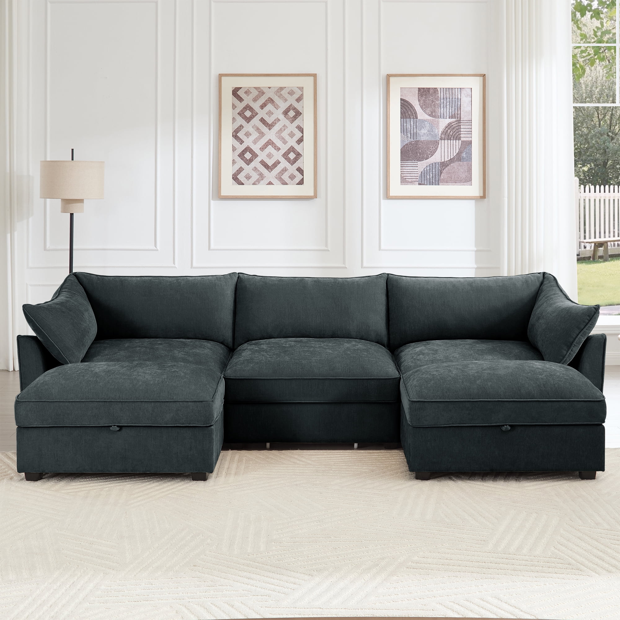 U Shape 3 Seater Deep Seat Sofa Couch with Ottomans,3-Seat Sofa with ...