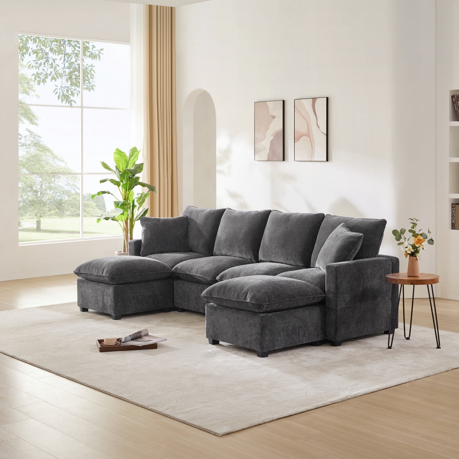 U Shape Modular Sofa, 6 Seat Chenille Sectional Couch Set with 2 ...