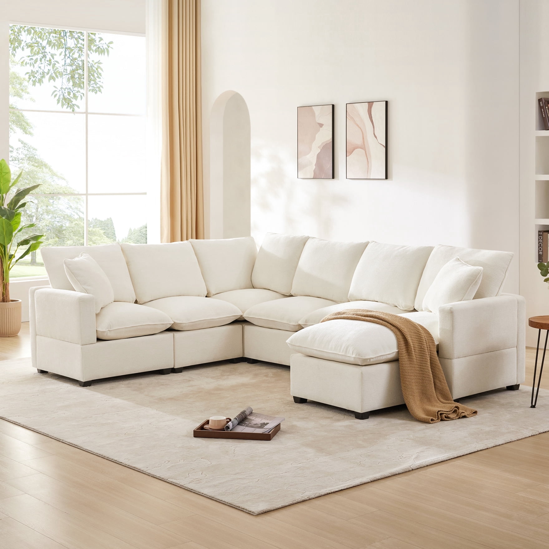 U Shape Modular Sofa, 7 Seat Chenille Sectional Couch Set with 2 ...