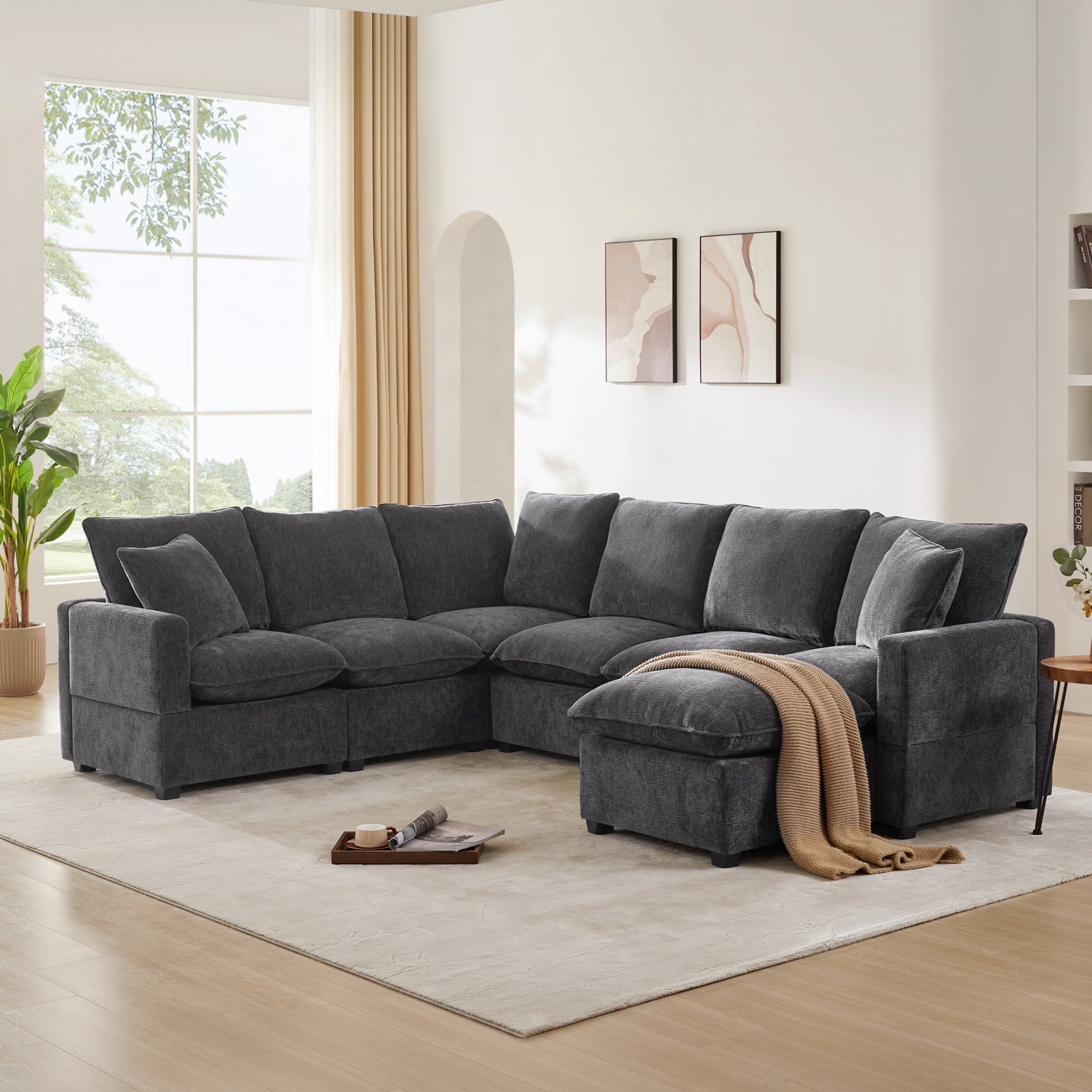U Shape Modular Sofa, 7 Seat Chenille Sectional Couch Set with 2 ...