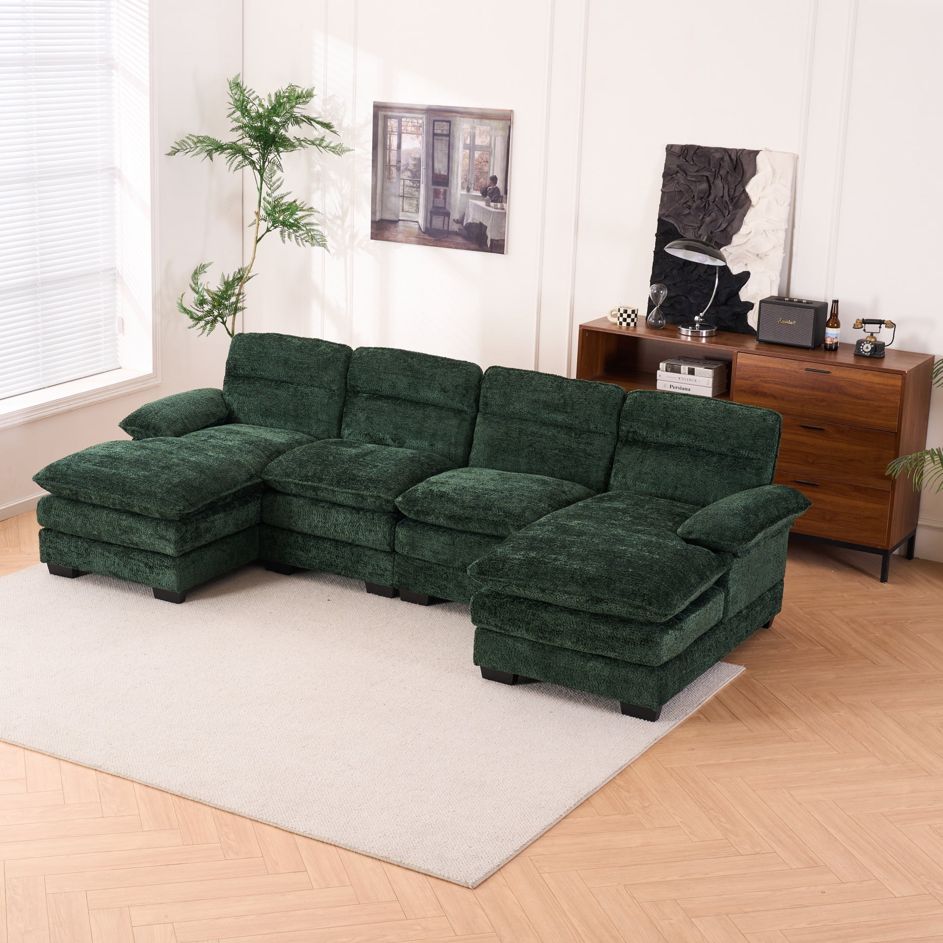 U Shape Sectional Sofa Couch, Chenille Upholstered Green 4-Seater ...