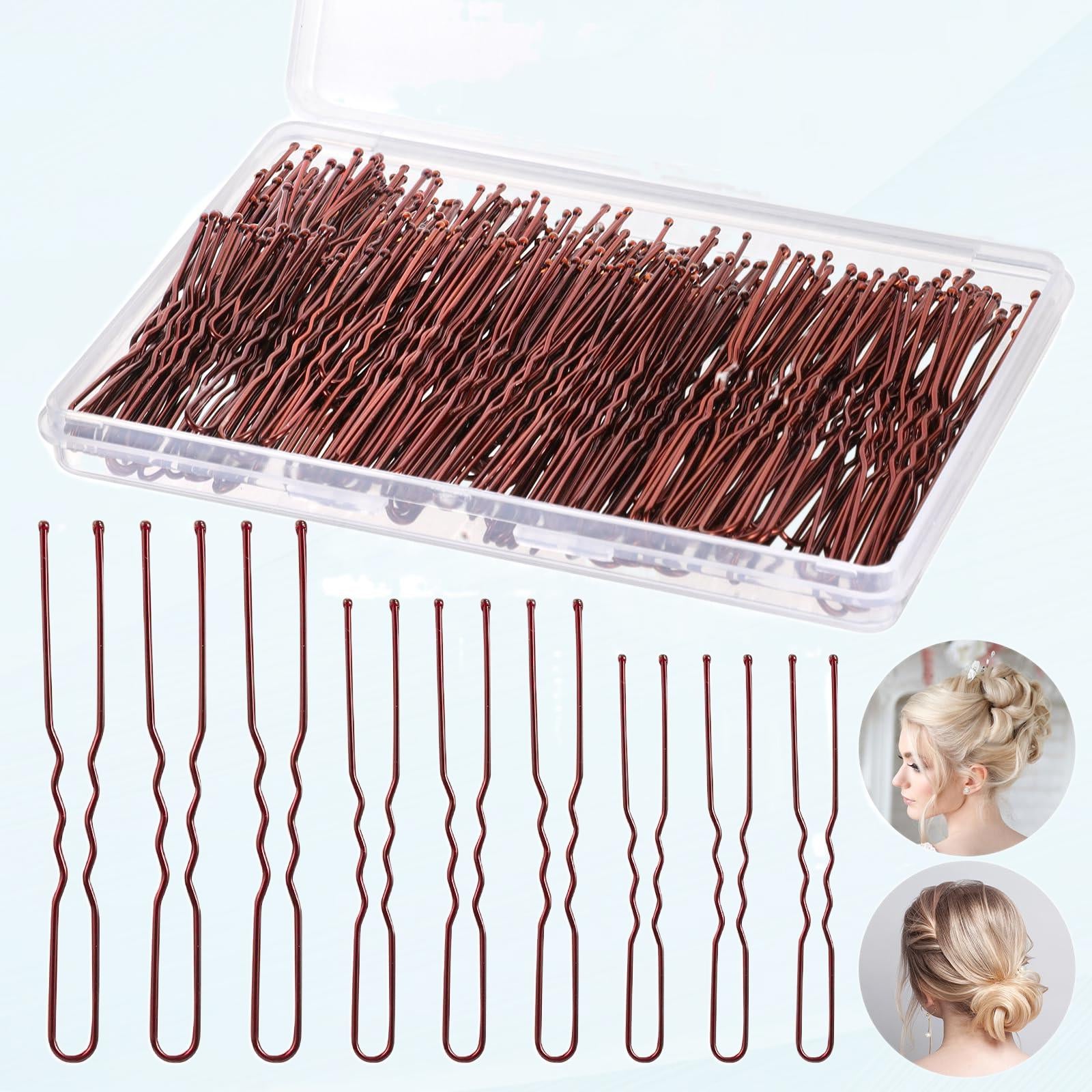 U Shaped Brown Hair Pins, 200 Count Various Size Metal Bottom Pins with ...