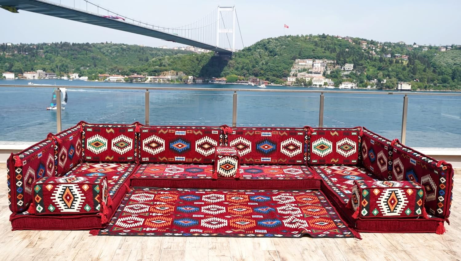 U Shaped Burgundy Arabic Sofa, Turkish Sofa with Floor Cushions, Diwan ...