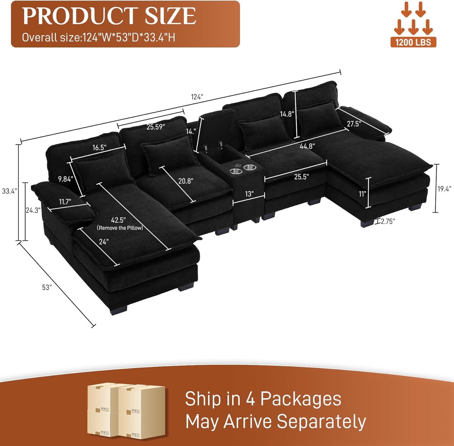 U Shaped Cloud Couch Sectional Sofa, 124" Black Chenille Sectional with ...