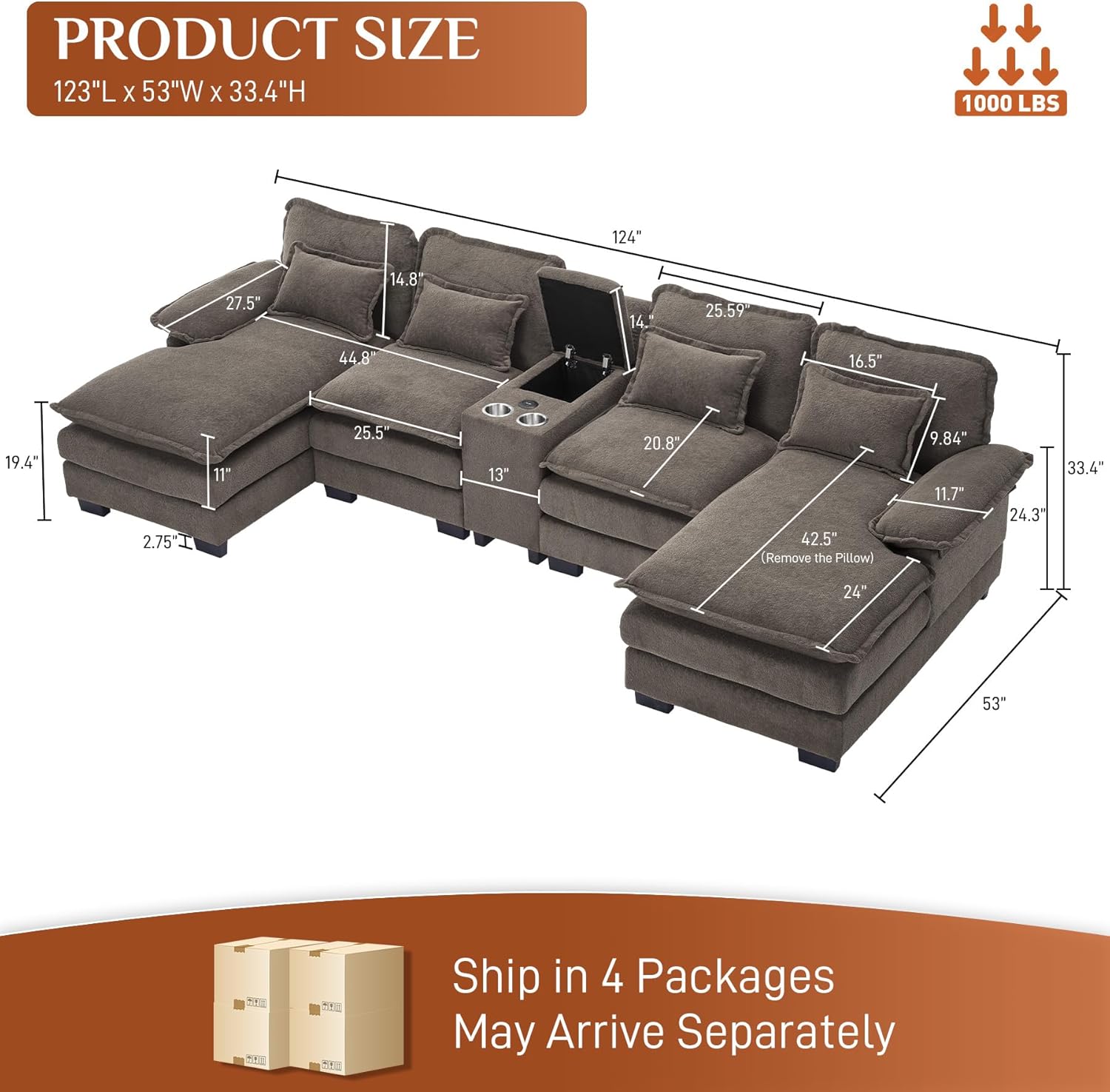 U Shaped Cloud Couch Sectional Sofa, 124" Comfy with Console, USB Port ...