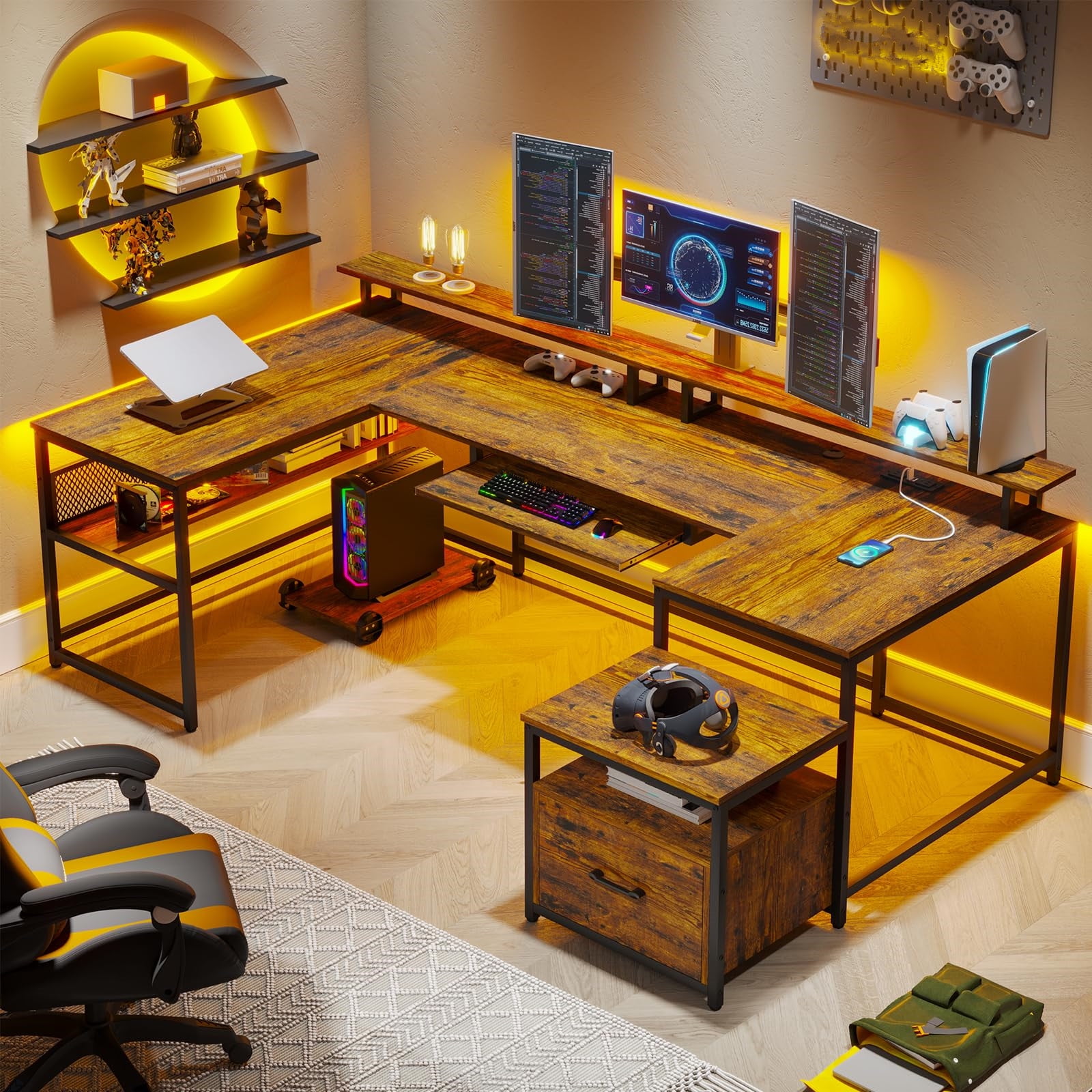 U-Shaped Home Office Gaming Desk with Large Shelf, Printer Space, File ...