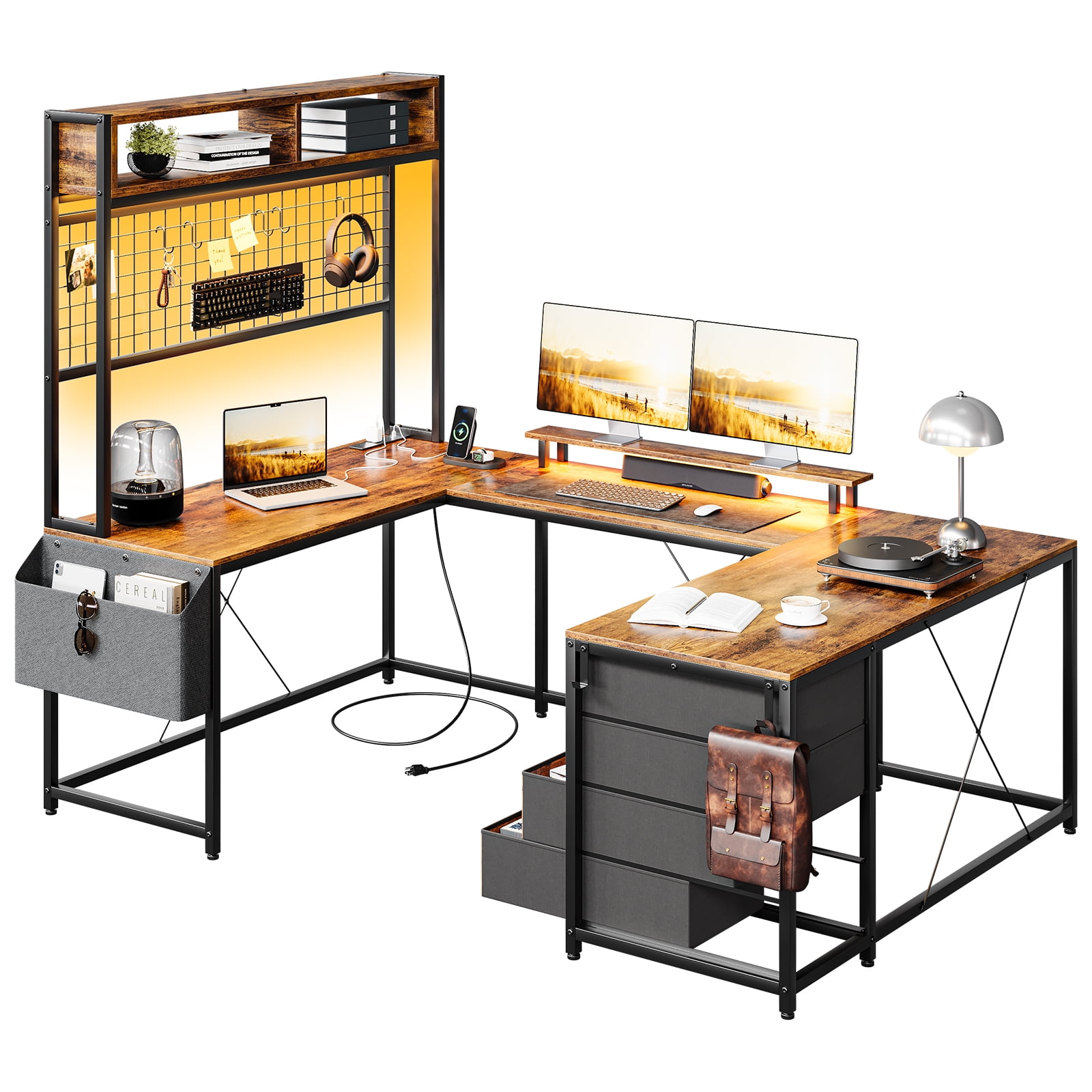 U Shaped Computer Desk with Monitor Stand and LED Lights, Computer ...