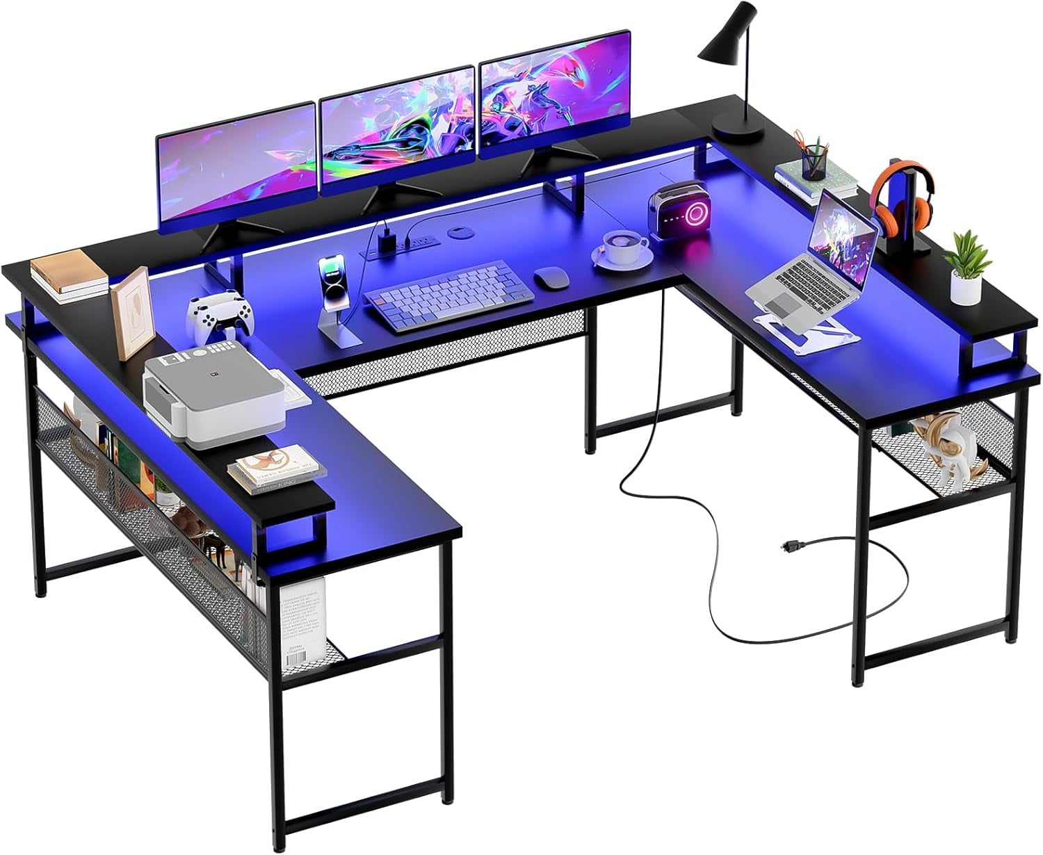 U Shaped Computer Desks Reversible Office Desk with LED Strip and Power ...