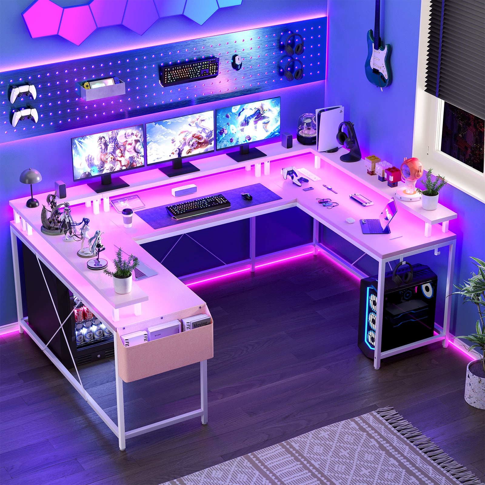 U Shaped Computer Gaming Desk with Power Outlets & USB Ports, LED Strip ...