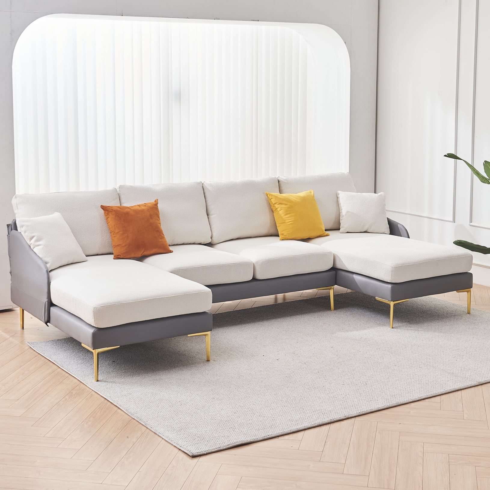 U-Shaped Convertible Sectional Sofa with Soft Linen+Leathaire Fabric ...