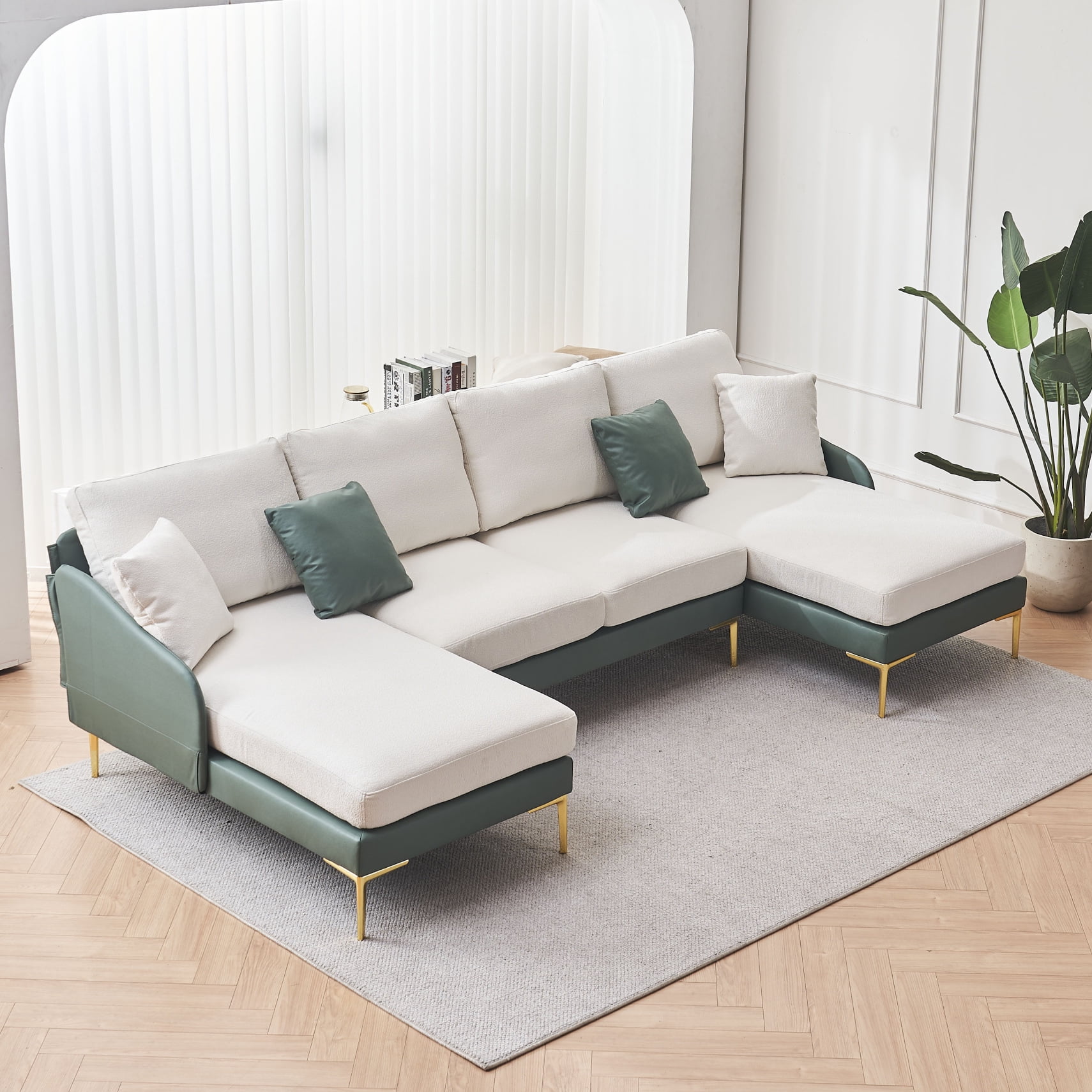 U-Shaped Convertible Sectional Sofa with Soft Linen+Leathaire Fabric ...