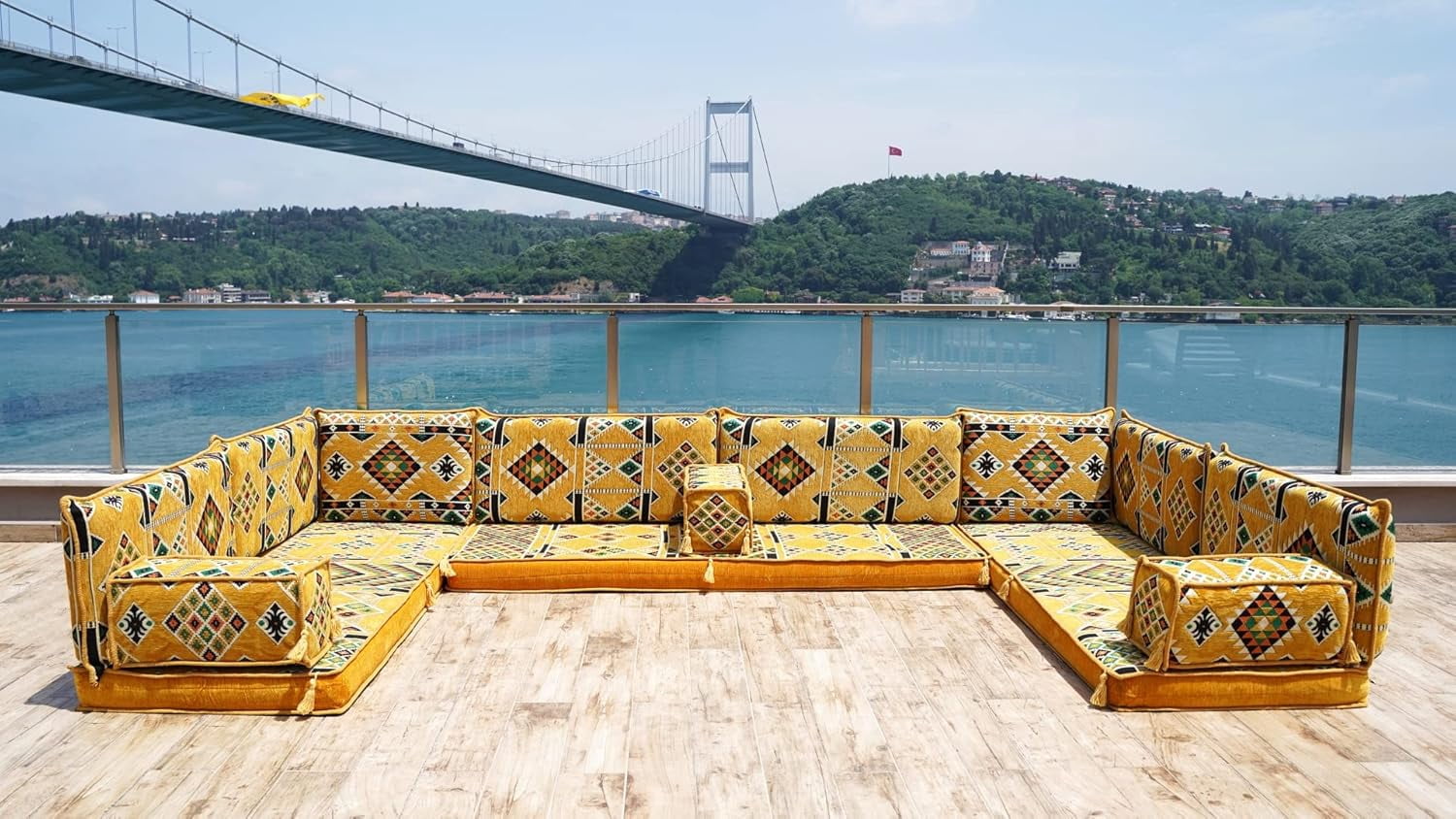 U Shaped Convertible Yellow Sofa, Floor Pillows, Turkish Sofa Seating ...