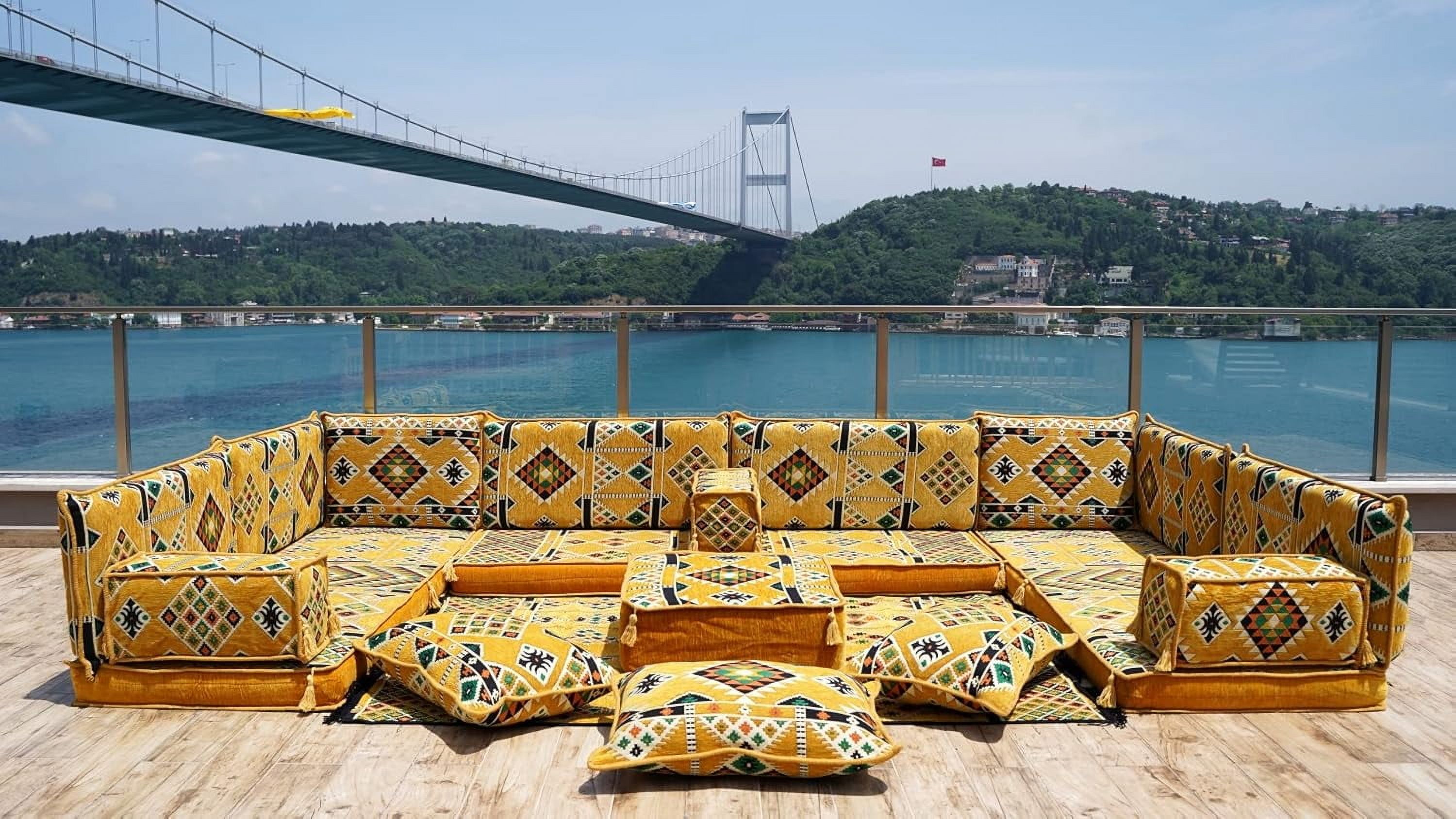 U Shaped Convertible Yellow Sofa, Floor Pillows, Turkish Sofa Seating ...