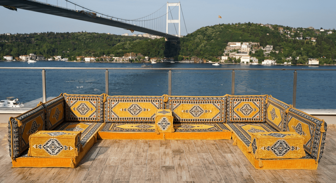 U Shaped Convertible Yellow Sofa, Floor Pillows, Turkish Sofa Seating ...